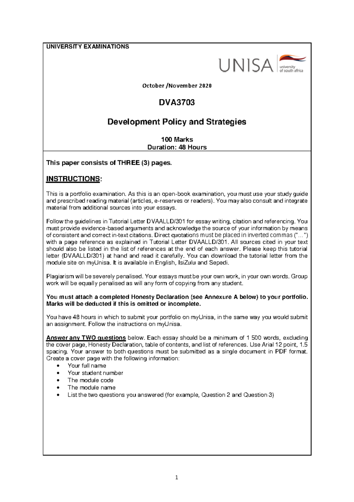 DVA 3703 EXAM 2020 - 1 UNIVERSITY EXAMINATIONS October /November 2020 DVA Development Policy and ...