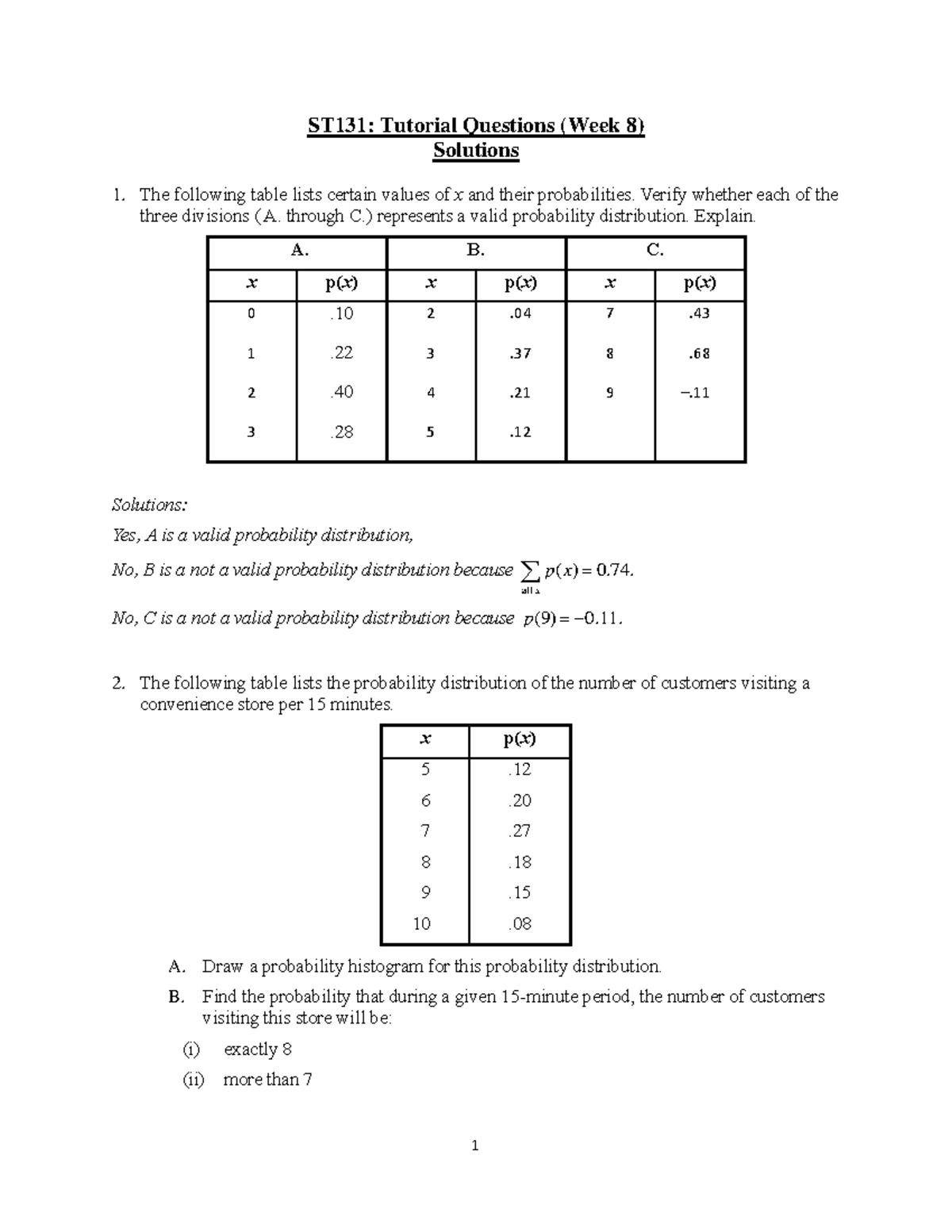 Tutorial Sheet (Week 8) - Sols - ST131: Tutorial Questions (Week 8) Solutions The following ...