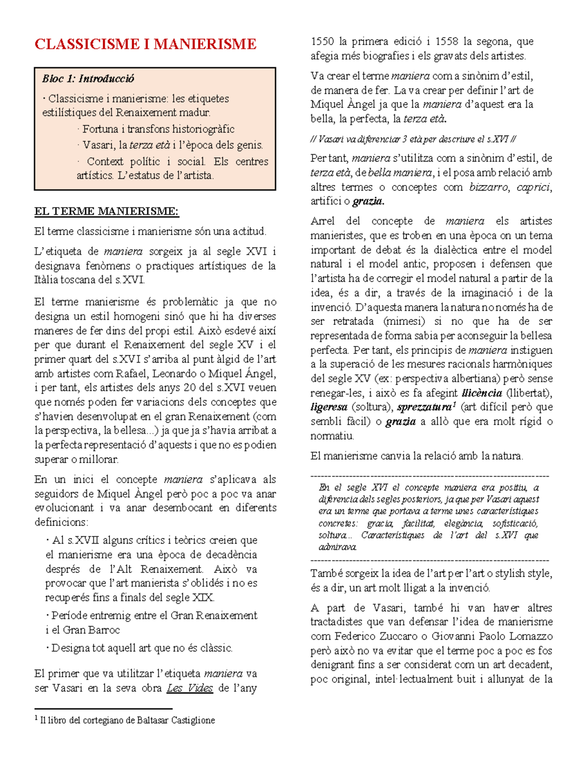 Classicisme I Manierisme B1 - CLASSICISME I MANIERISME EL TERME MANIERISME: El terme classicisme ...