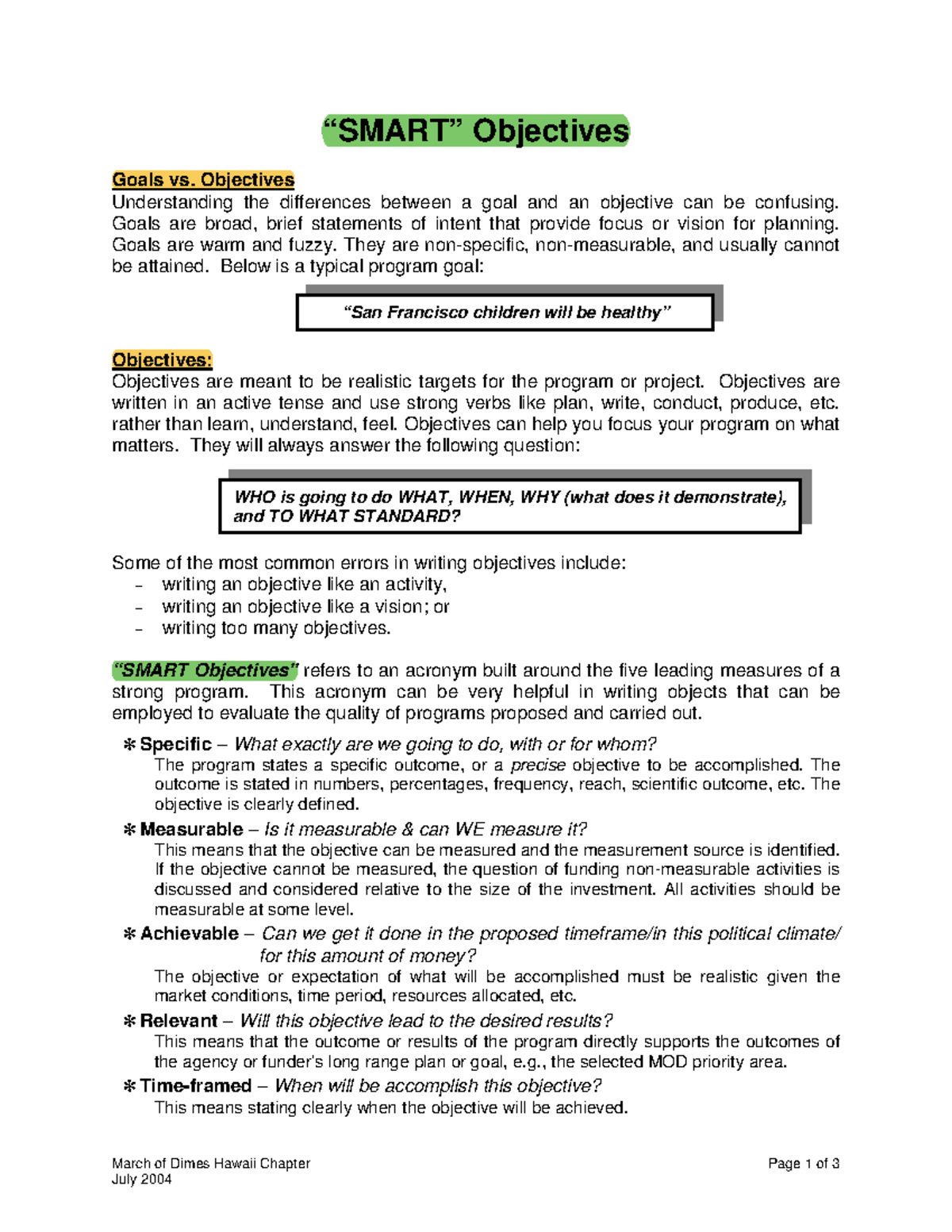How To Write Smart Objectives March Of Dimes Hawaii Chapter Page 1 Of how-to-write-smart-objectives-march-of-dimes-hawaii-chapter-page-1-of