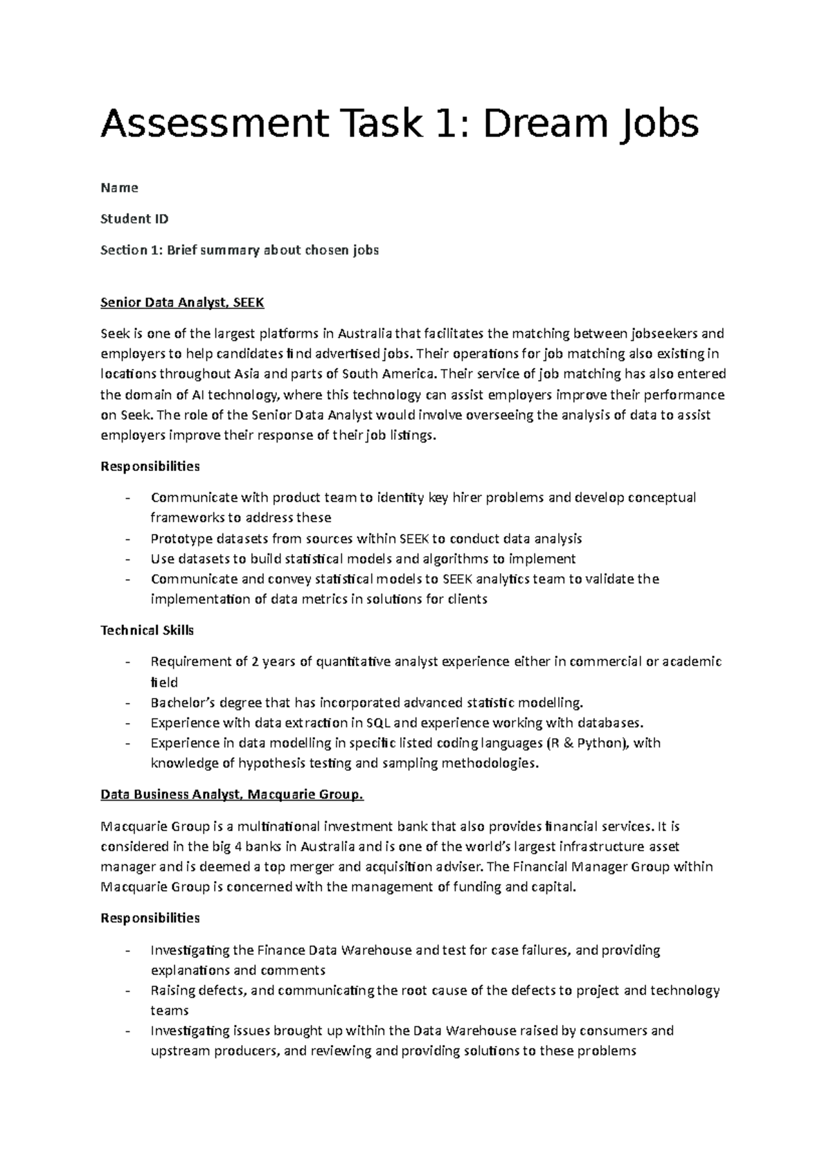 Assessment Task 1. grade: 100% - Assessment Task 1: Dream Jobs Name ...