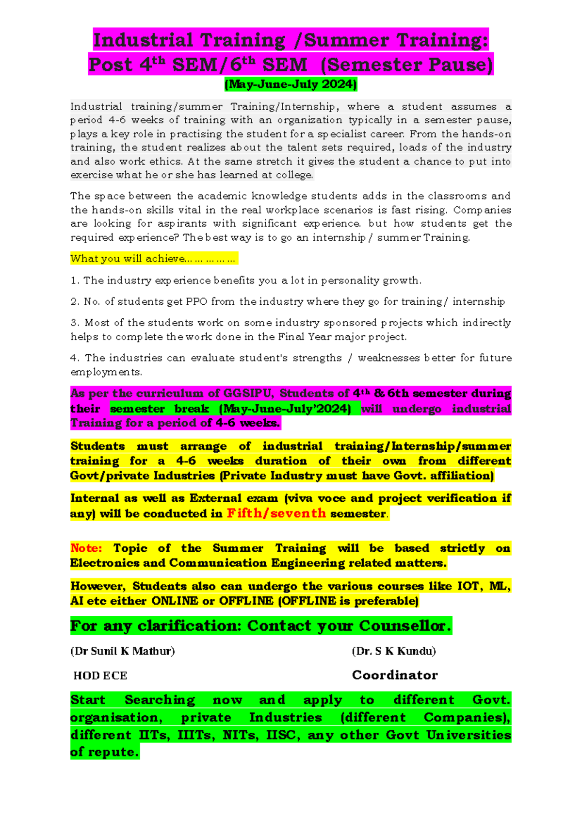 Training notice 4th sem & 6th SEM - Industrial Training /Summer Training: Post 4 th SEM/ th SEM ...