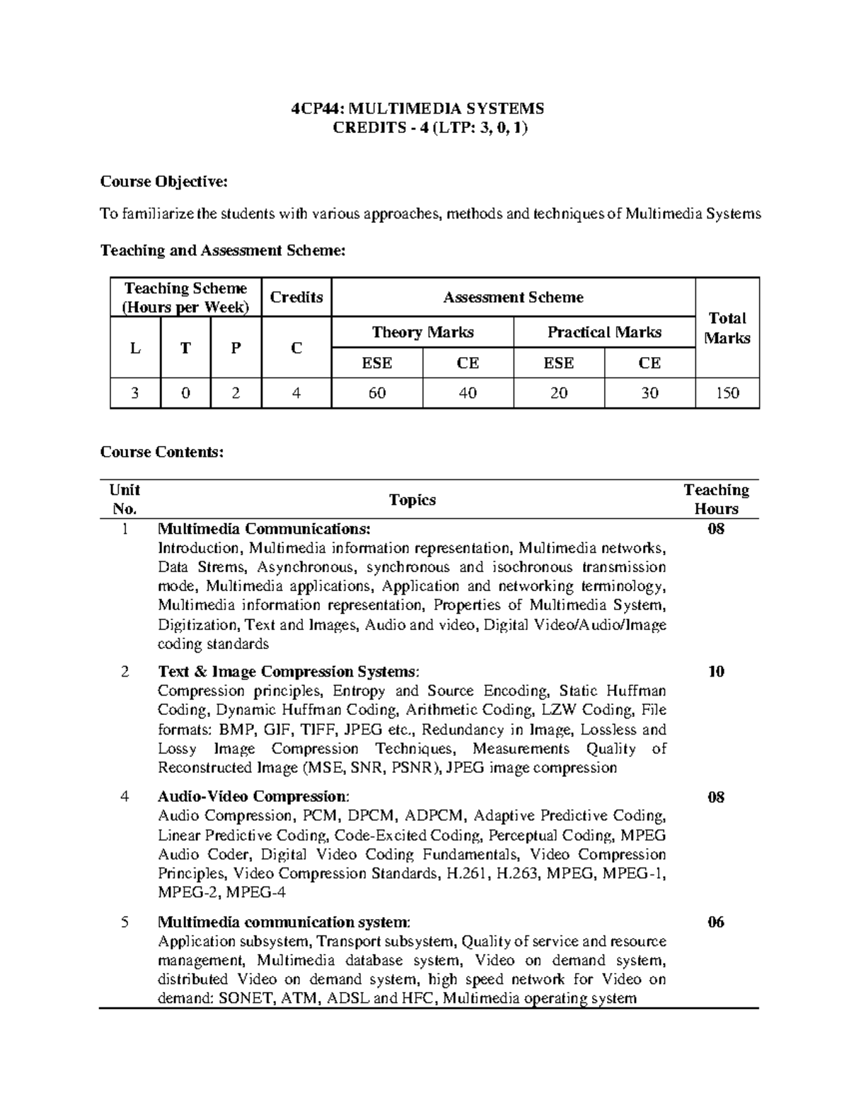 4CP44 - Vbhh - 4CP44: MULTIMEDIA SYSTEMS CREDITS - 4 (LTP: 3, 0, 1 ...