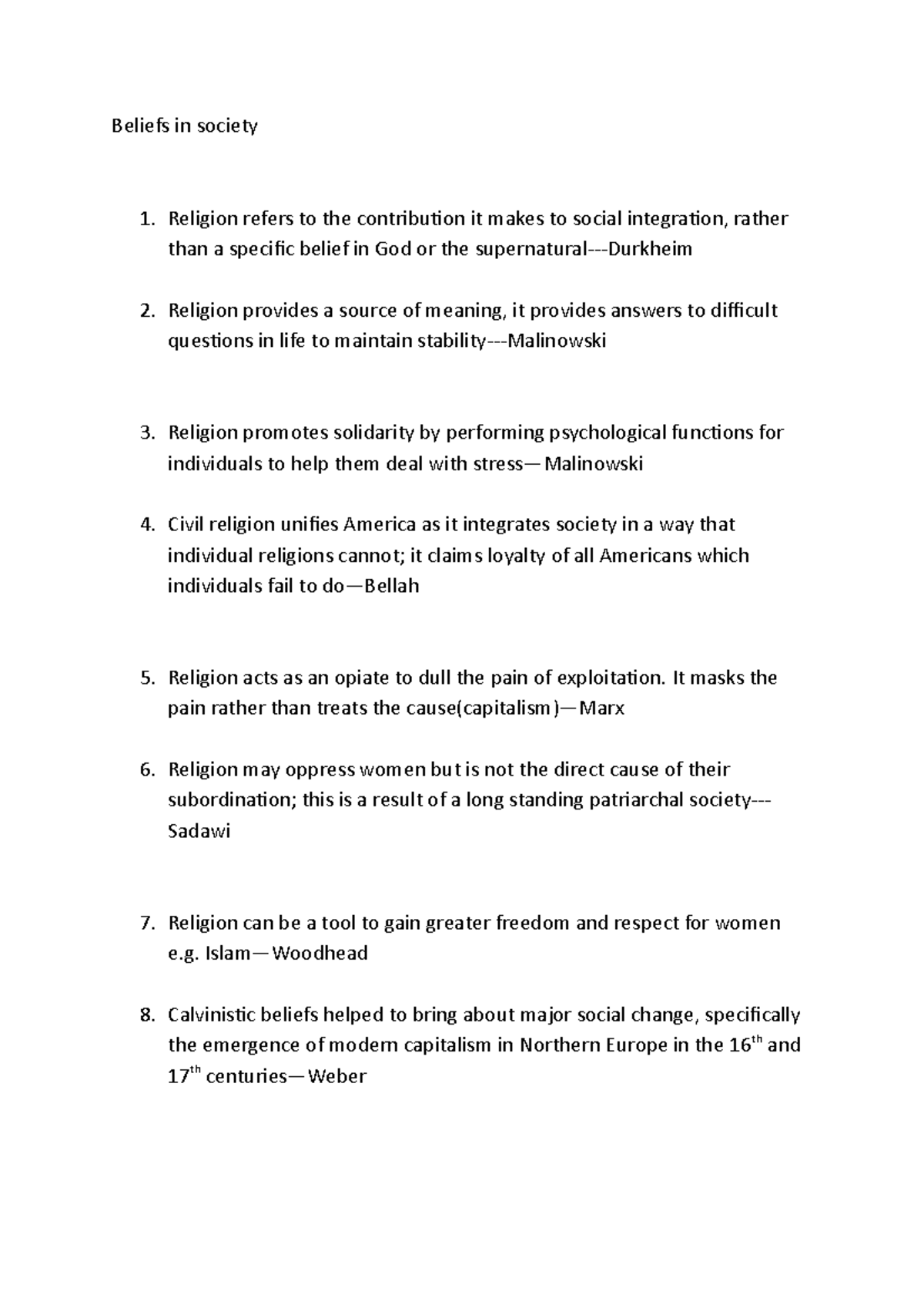 Beliefs in society summary - Beliefs in society Religion refers to the ...