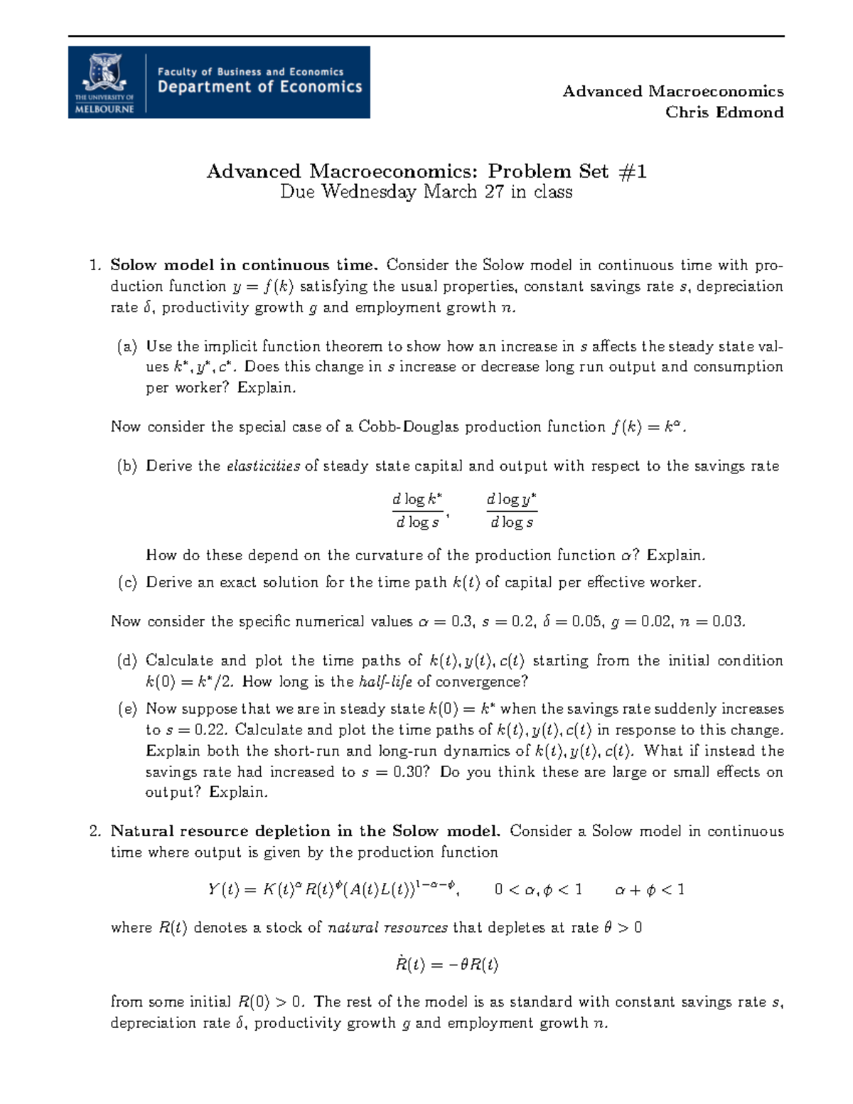 Econ40002 ps1 - ps1 - Advanced Macroeconomics Chris Edmond Advanced Macroeconomics: Problem Set ...