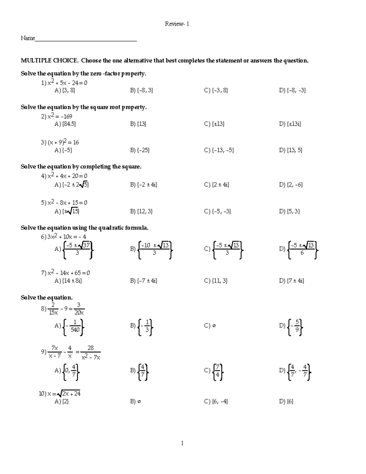 Review 1Math0314(s-1) - Review- 1 Name___________________________________ MULTIPLE CHOICE ...