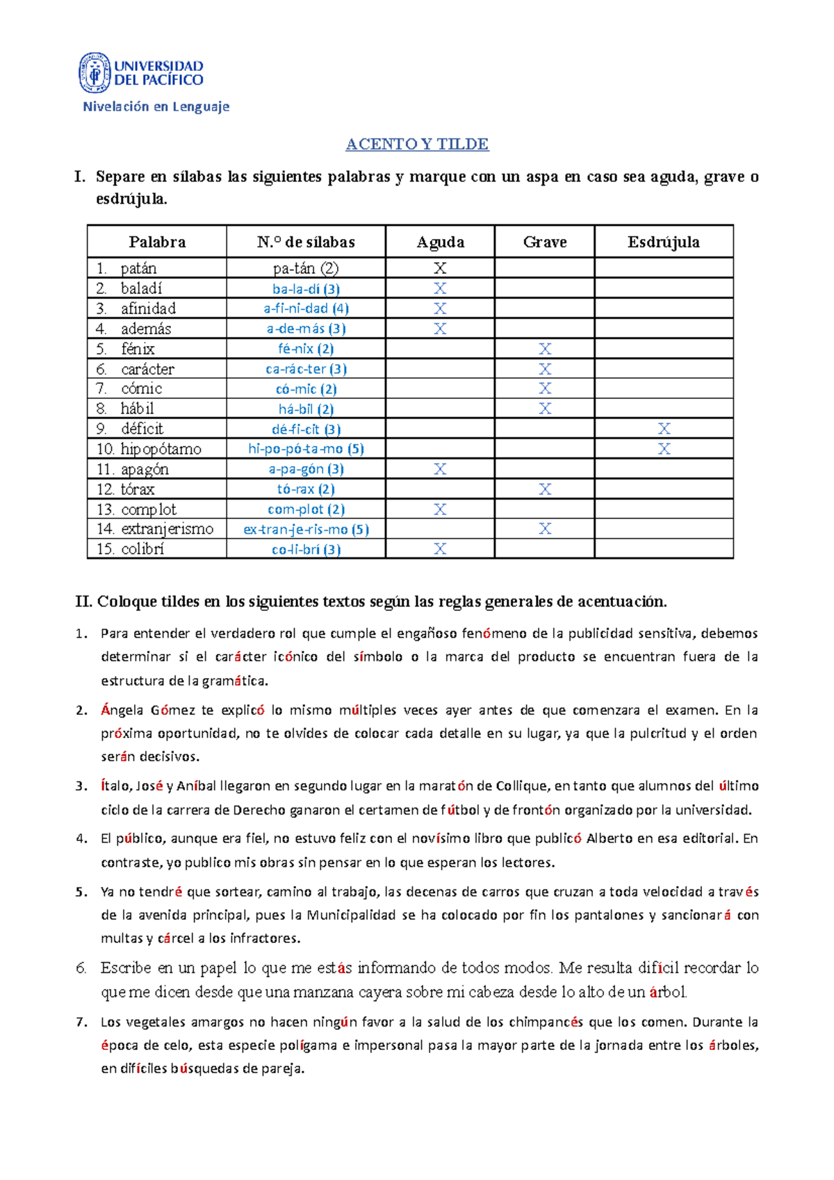 Acento Y Tilde solucionario - ACENTO Y TILDE I. Separe en sílabas las ...