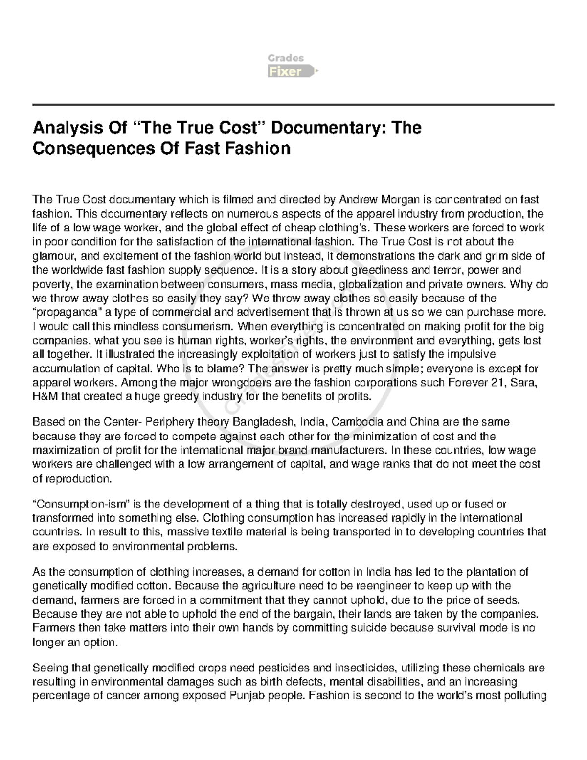 Analysis Of “The True Cost” Documentary The Consequences Of Fast ...