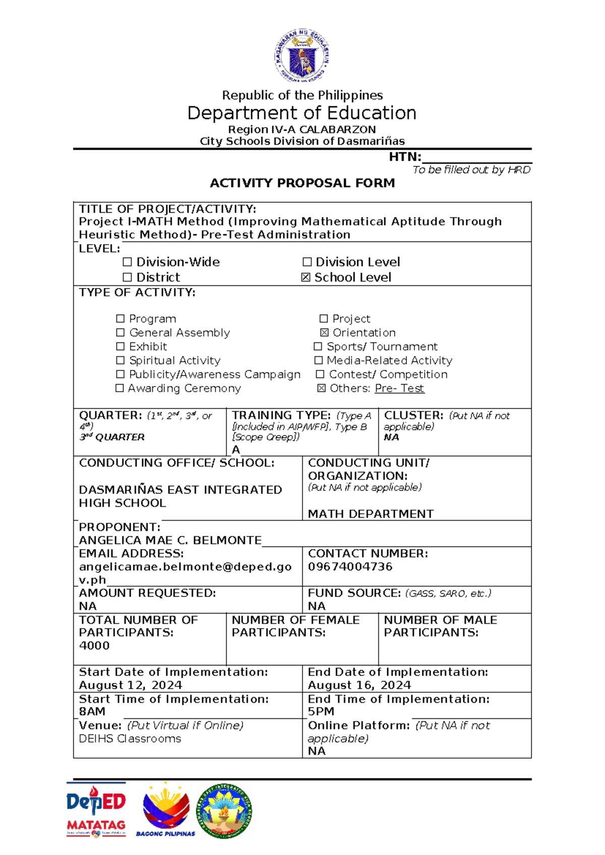 PRE-TEST - Assessment - Republic of the Philippines Department of ...