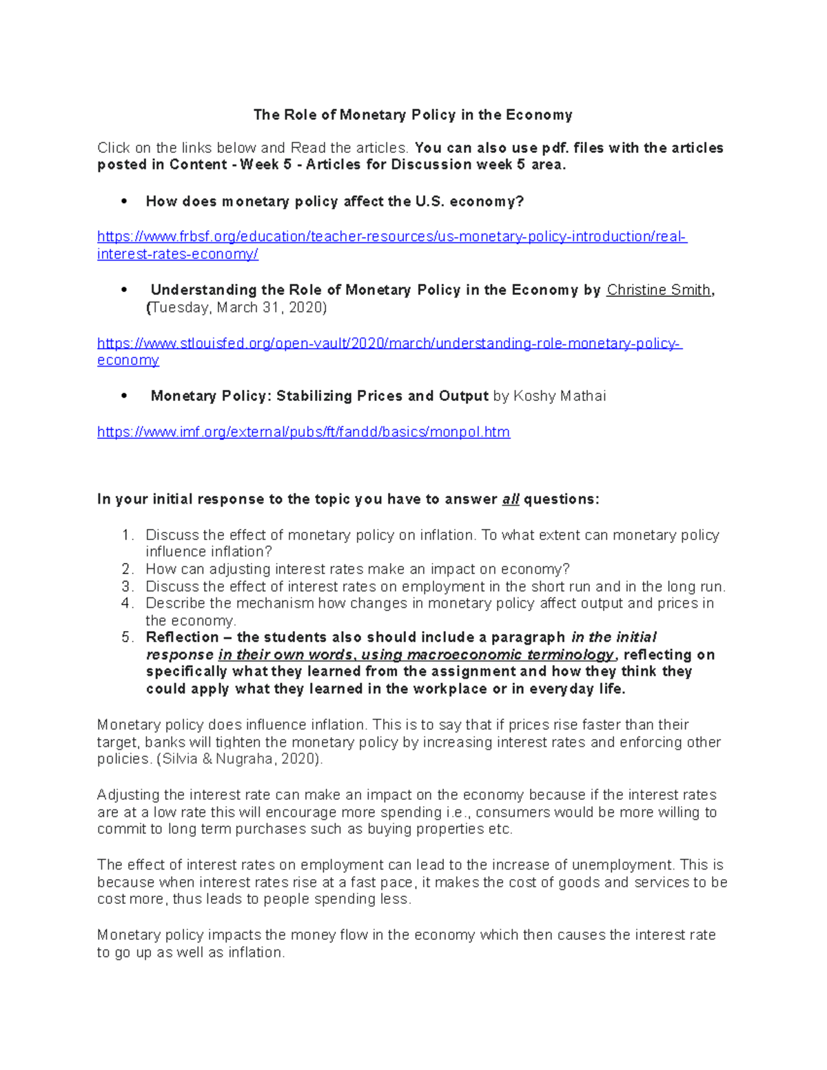 Week 5 Discussion - The Role of Monetary Policy in the Economy Click on ...