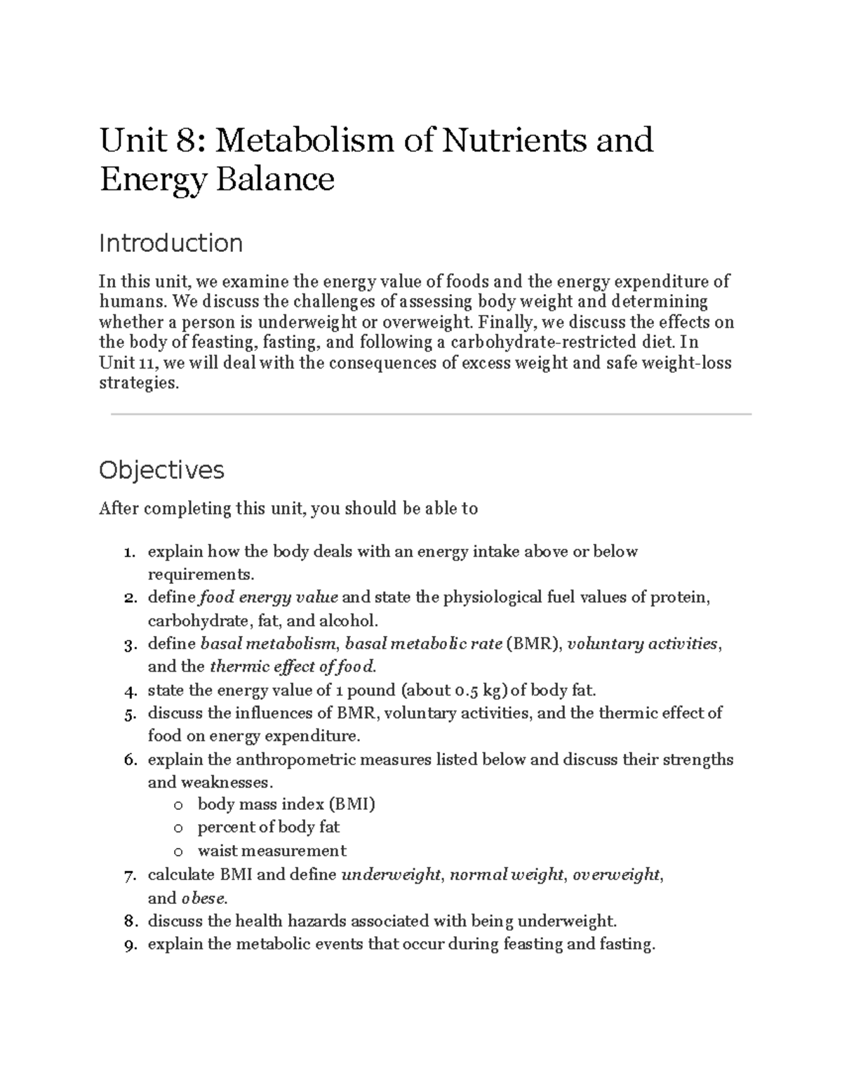Unit 8 - Summary - Unit 8: Metabolism of Nutrients and Energy Balance ...