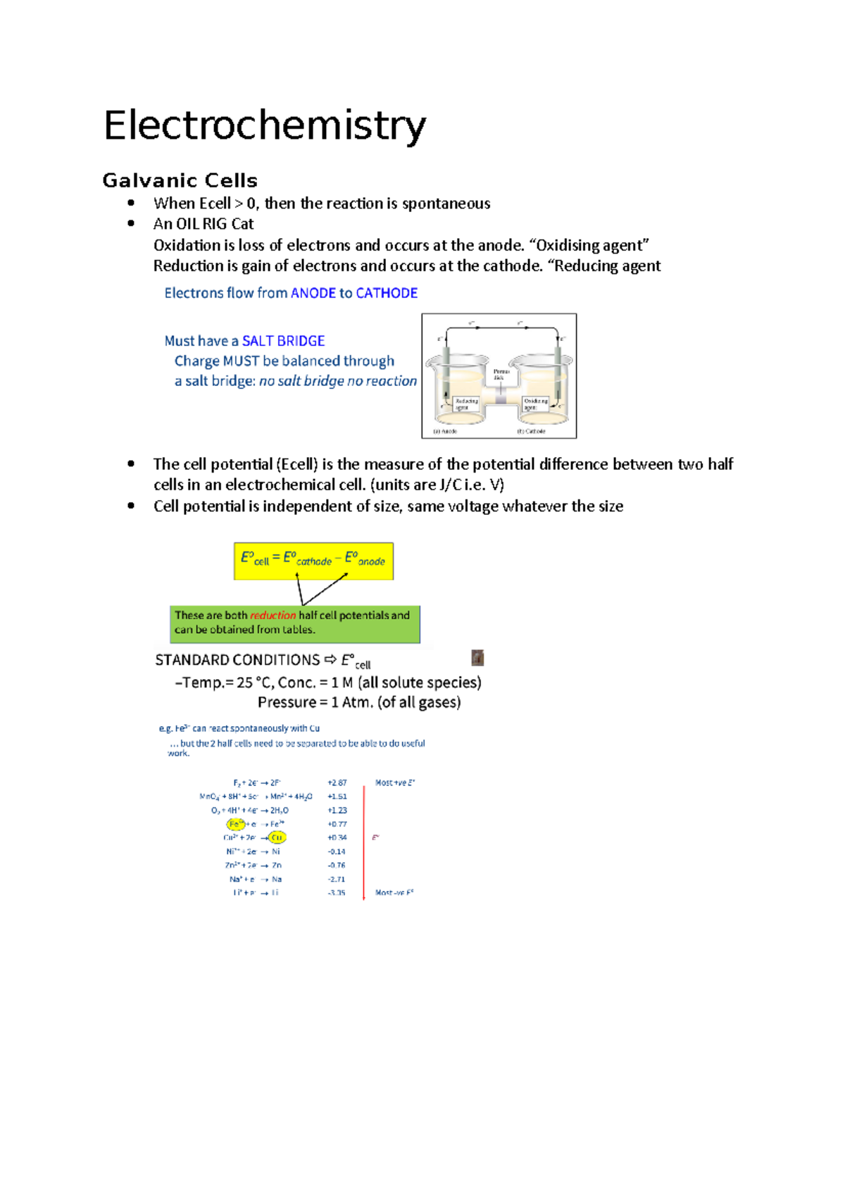 Electrochemistry summary - Electrochemistry Galvanic Cells When Ecell ...