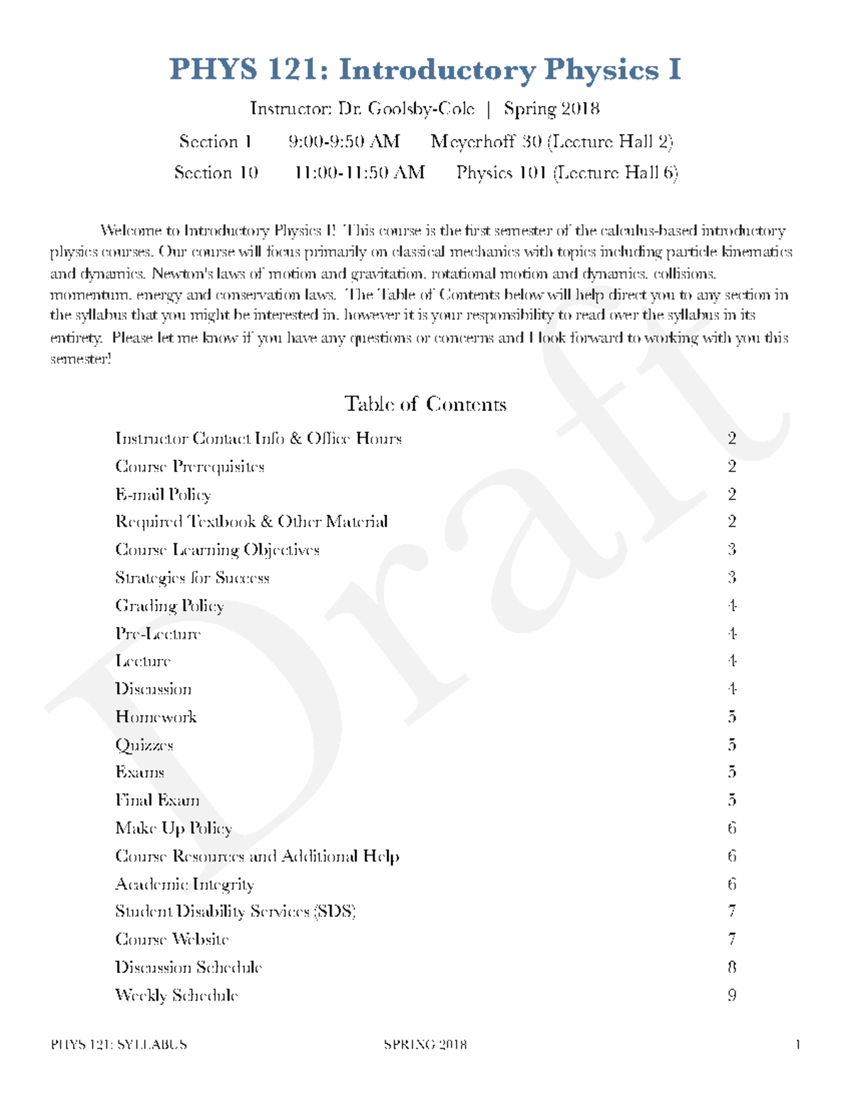Spring 2018 PHYS 121 Introductory Physics I - PHYS 121: Introductory ...