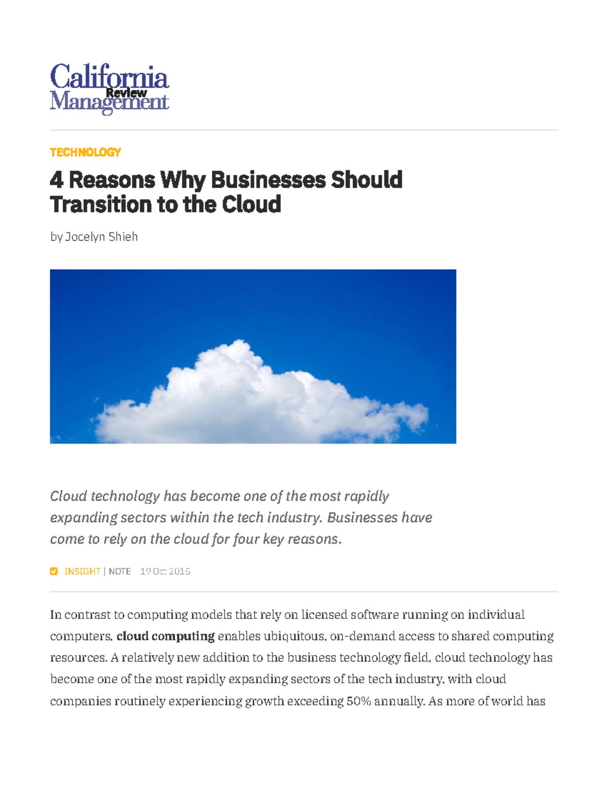 2015 10 cloud technology - TECHNOLOGY 4 Reasons Why Businesses Should ...