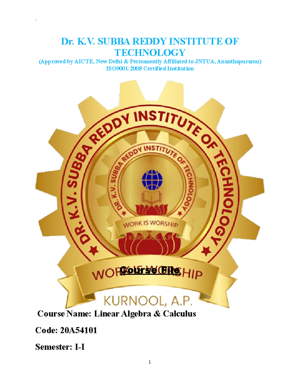 R 19 LAC Course FILE - Dr. K. SUBBA REDDY INSTITUTE OF TECHNOLOGY ...