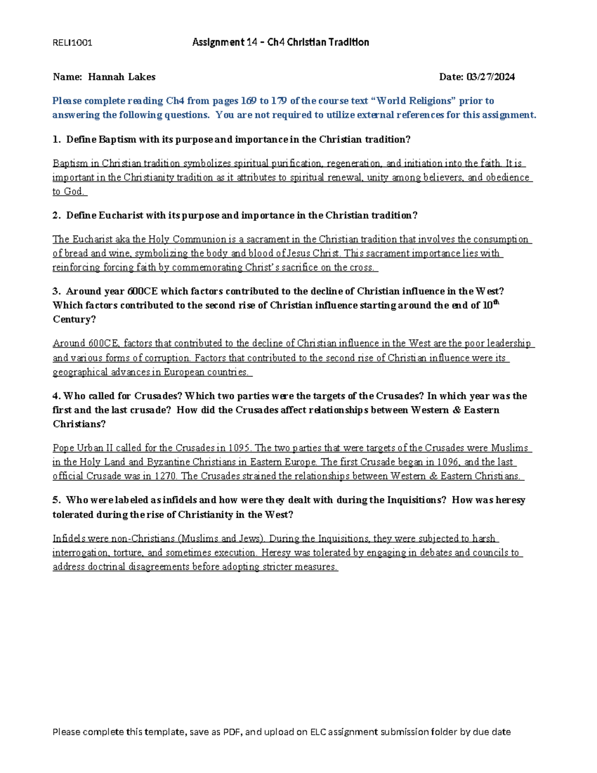 Assignment 14 BAPTISM - RELI1001 Assignment 14 – Ch4 Christian ...