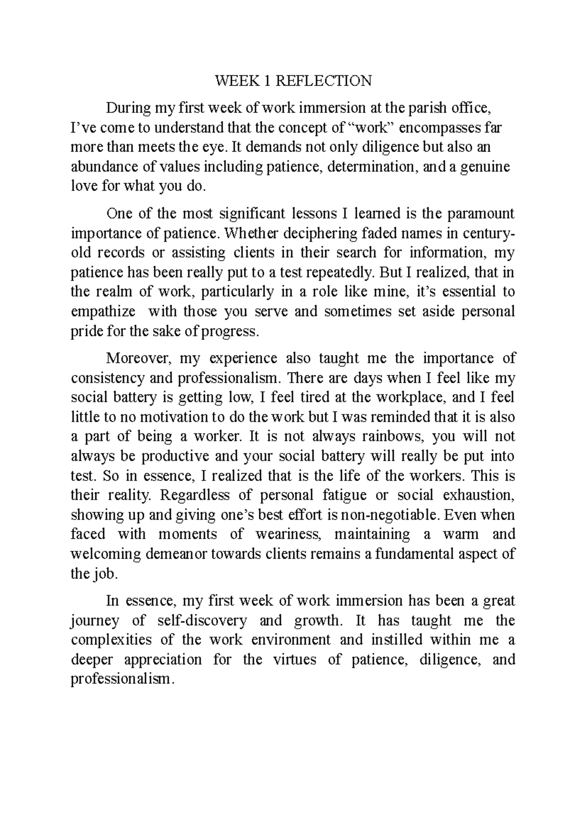 WEEK 1 Reflection - during my work immersion - WEEK 1 REFLECTION During ...