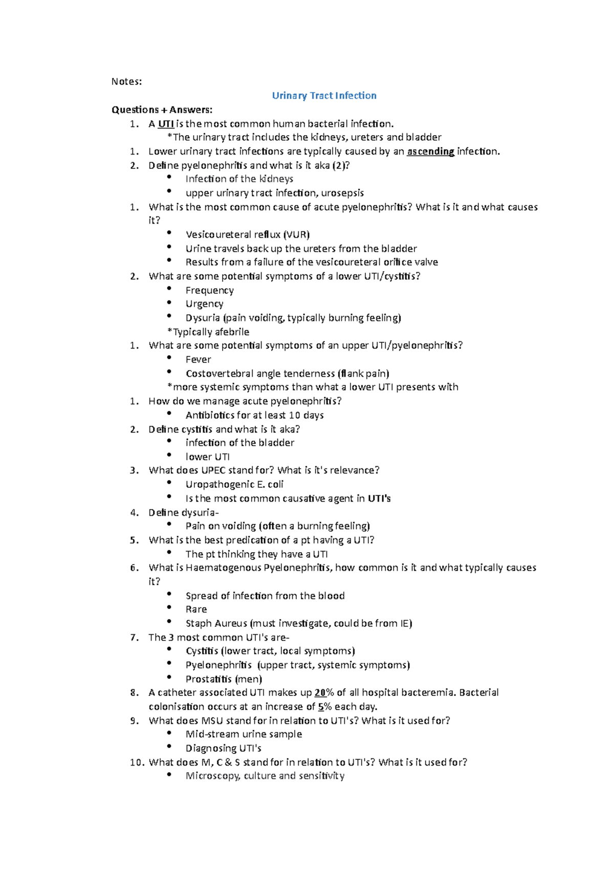 Urinary Tract Infection - Notes: Urinary Tract Infection Questions ...