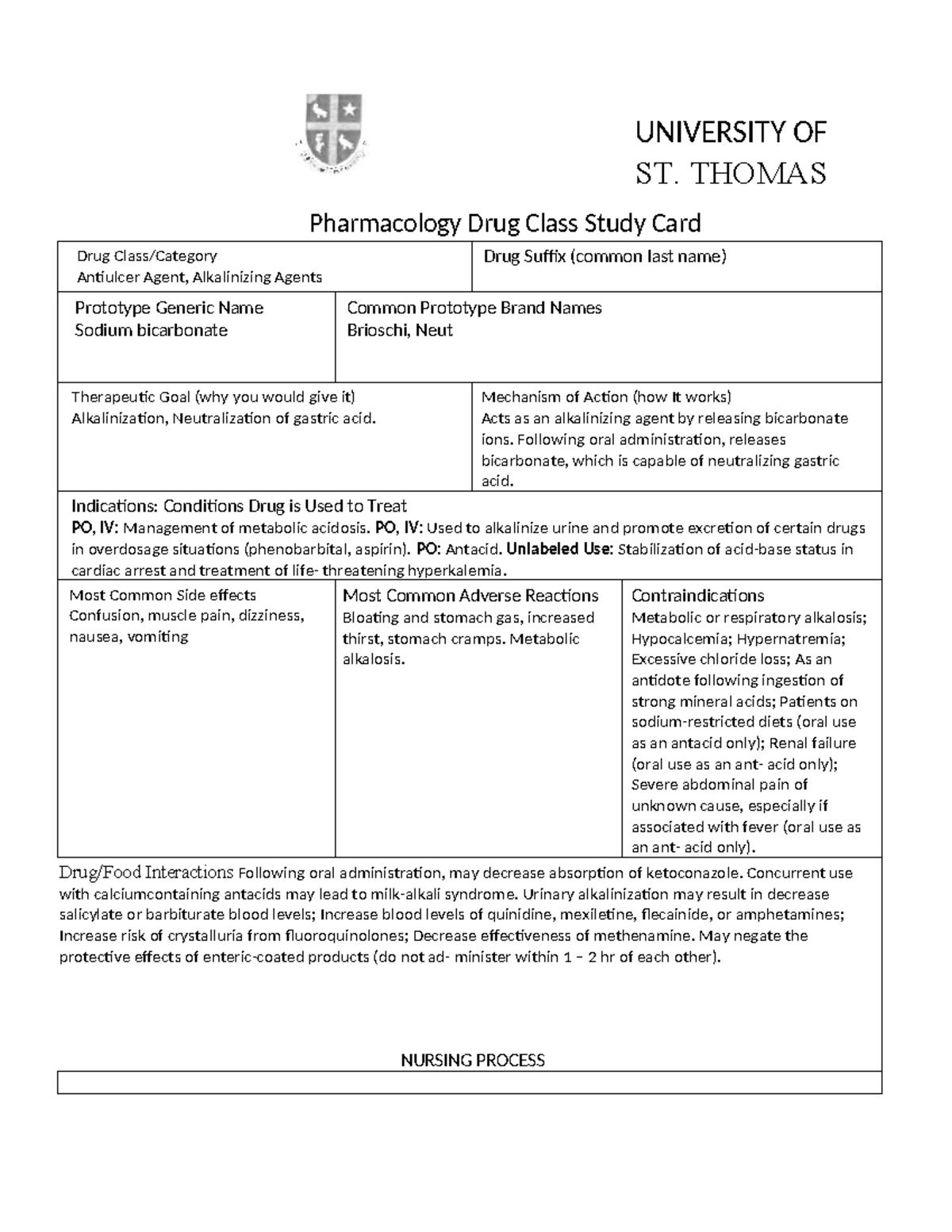 Bicarb - practice material - UNIVERSITY OF ST. THOMAS Pharmacology Drug ...
