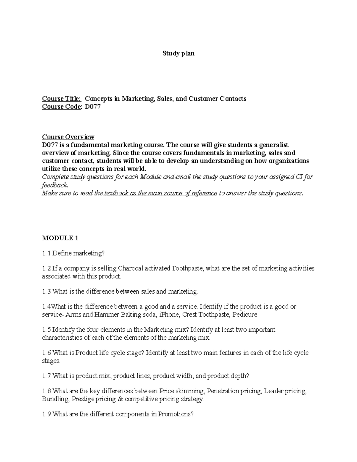 Study plan word document - Study plan Course Title: Concepts in ...