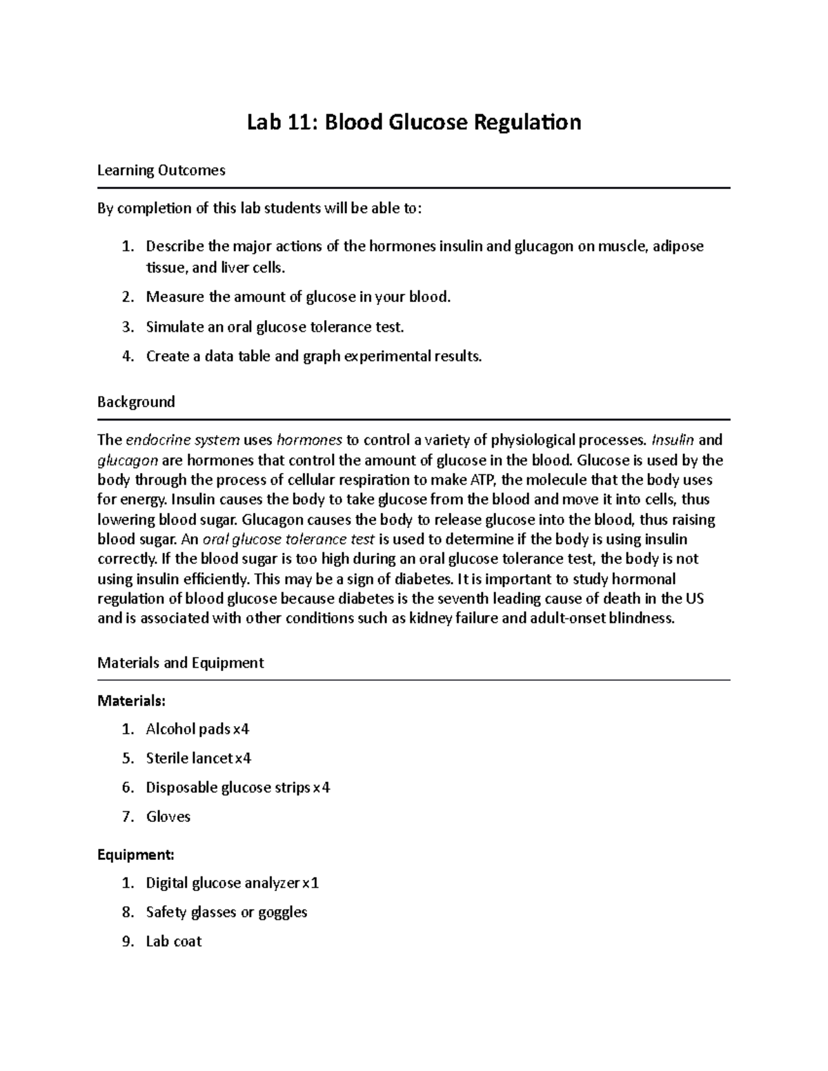 BIO 235L Lab 11 - Lab 11: Blood Glucose Regulation Learning Outcomes By ...