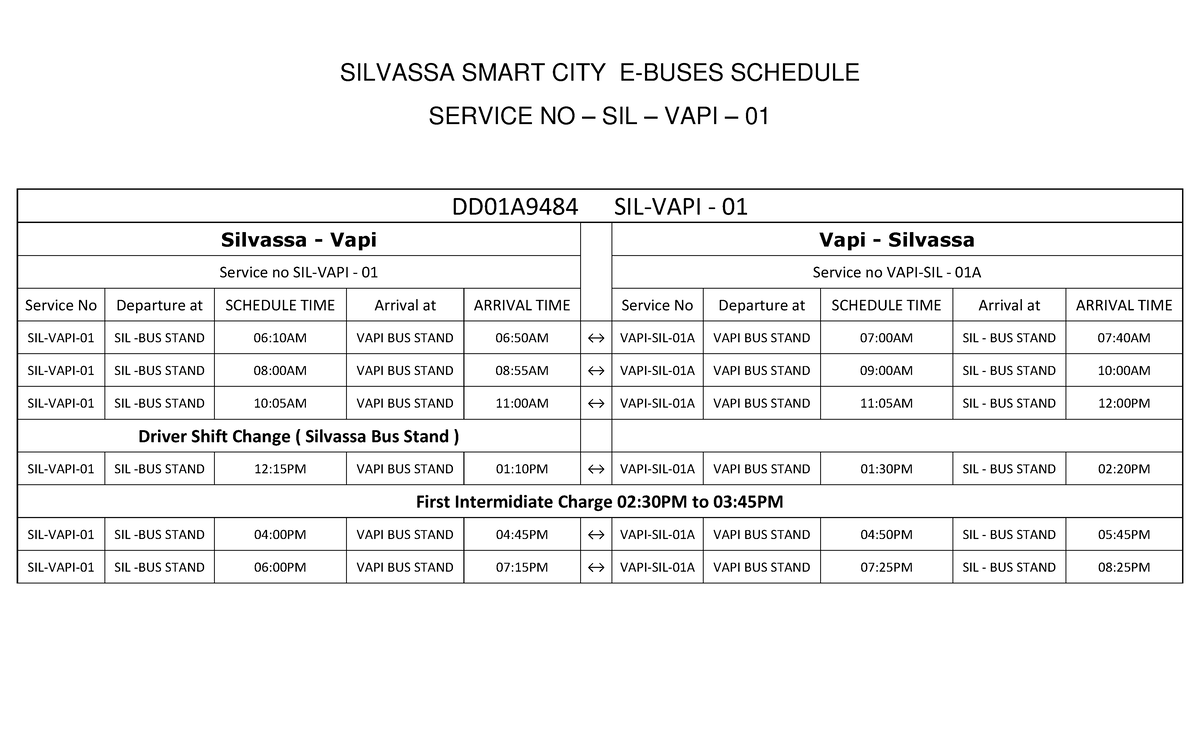 E-Bus Timings Silvassa - SERVICE NO – SIL – VAPI – 01 DD01A9484 SIL ...