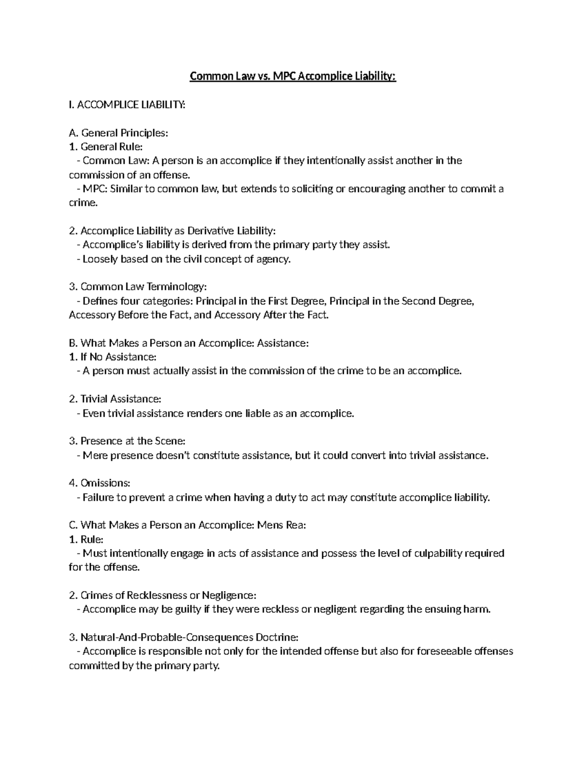 Accomplice Liability Common Law vs. MPC - Common Law vs. MPC Accomplice ...