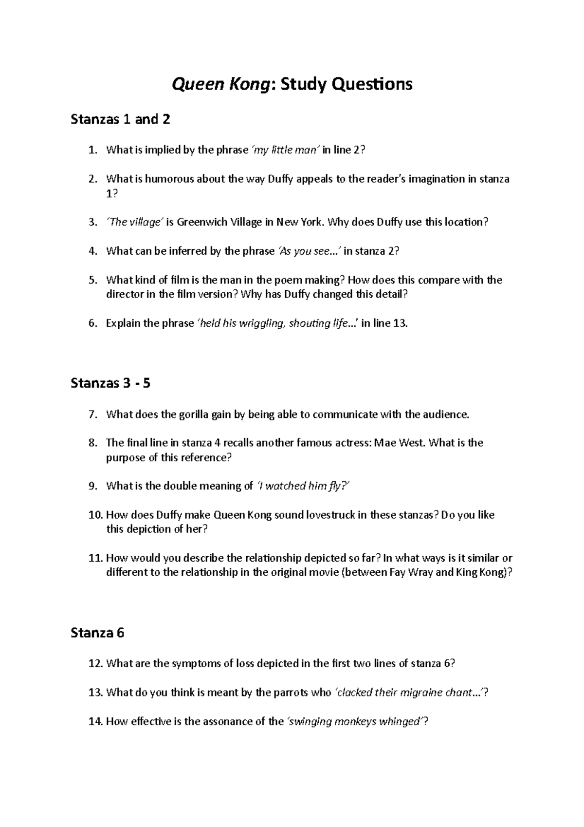Queen kong study questions - Queen Kong: Study Questions Stanzas 1 and ...