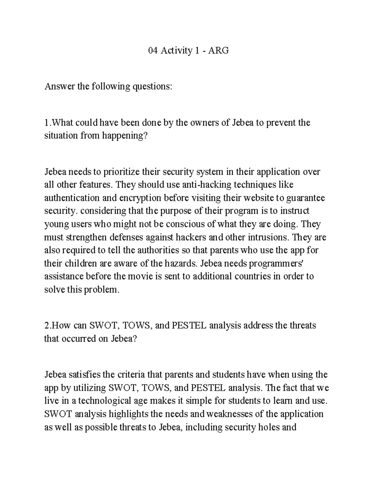 04 Activity 1 - ARG Techno - 04 Activity 1 - ARG Answer the following ...