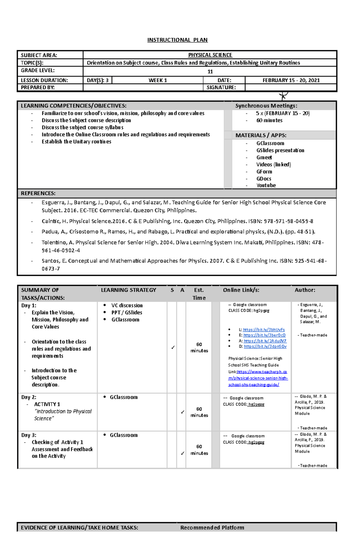 Physical Science Learning Plan - INSTRUCTIONAL PLAN SUBJECT AREA ...