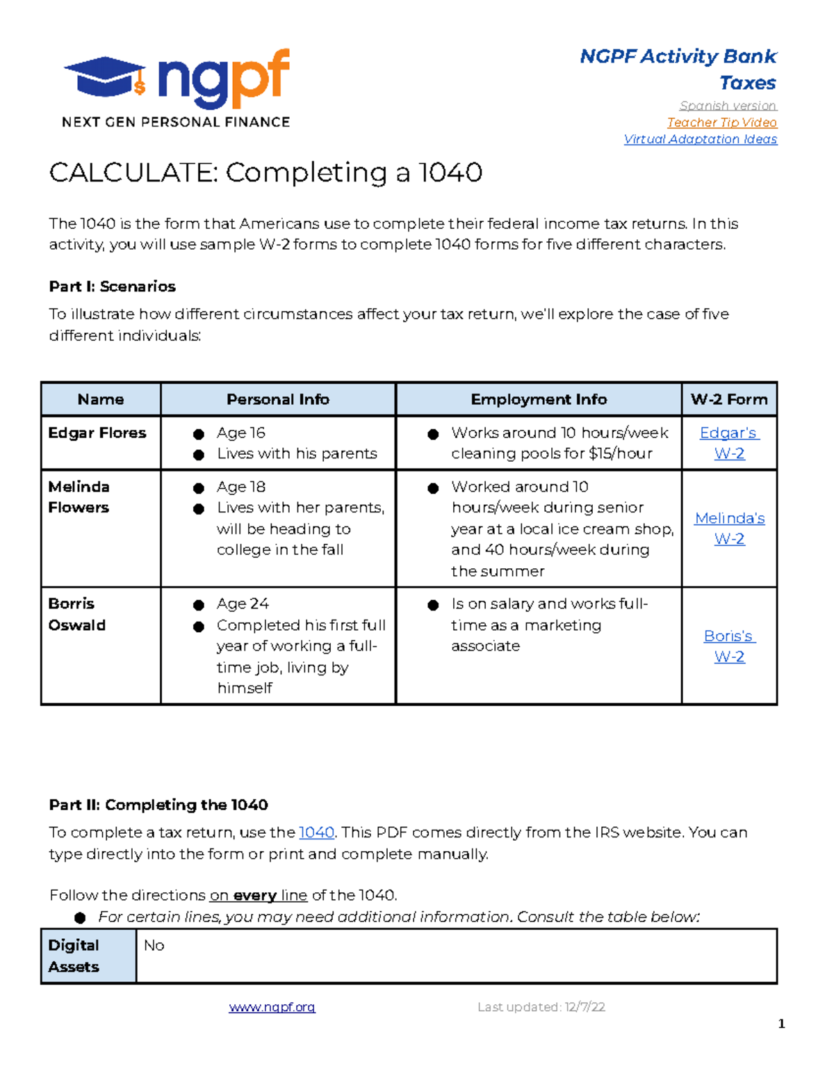Calculate Completing a 1040 Student - NGPF Activity Bank Taxes Spanish ...