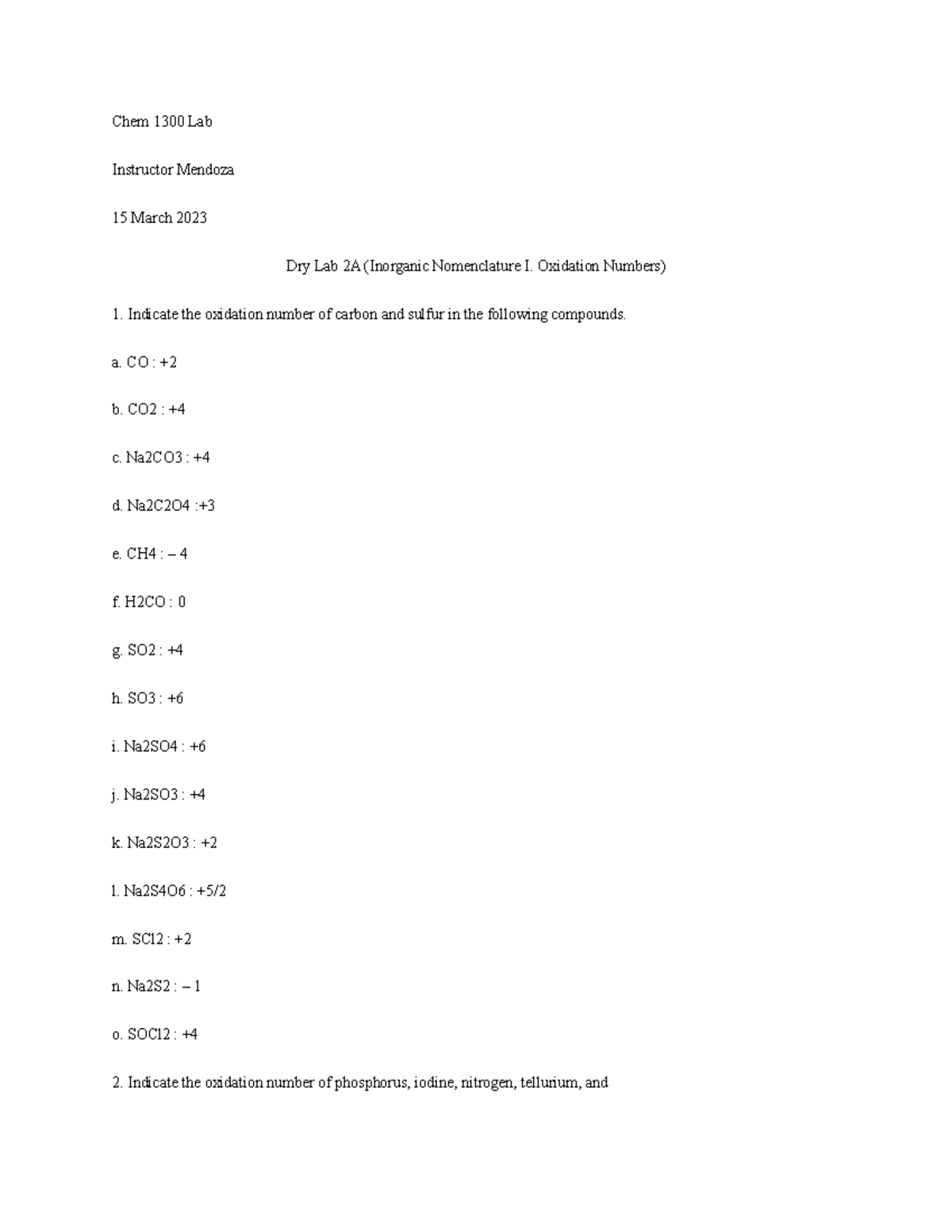 Dry Lab 2A - Dry Lab2A - CHEM 1300 - NSU - Studocu