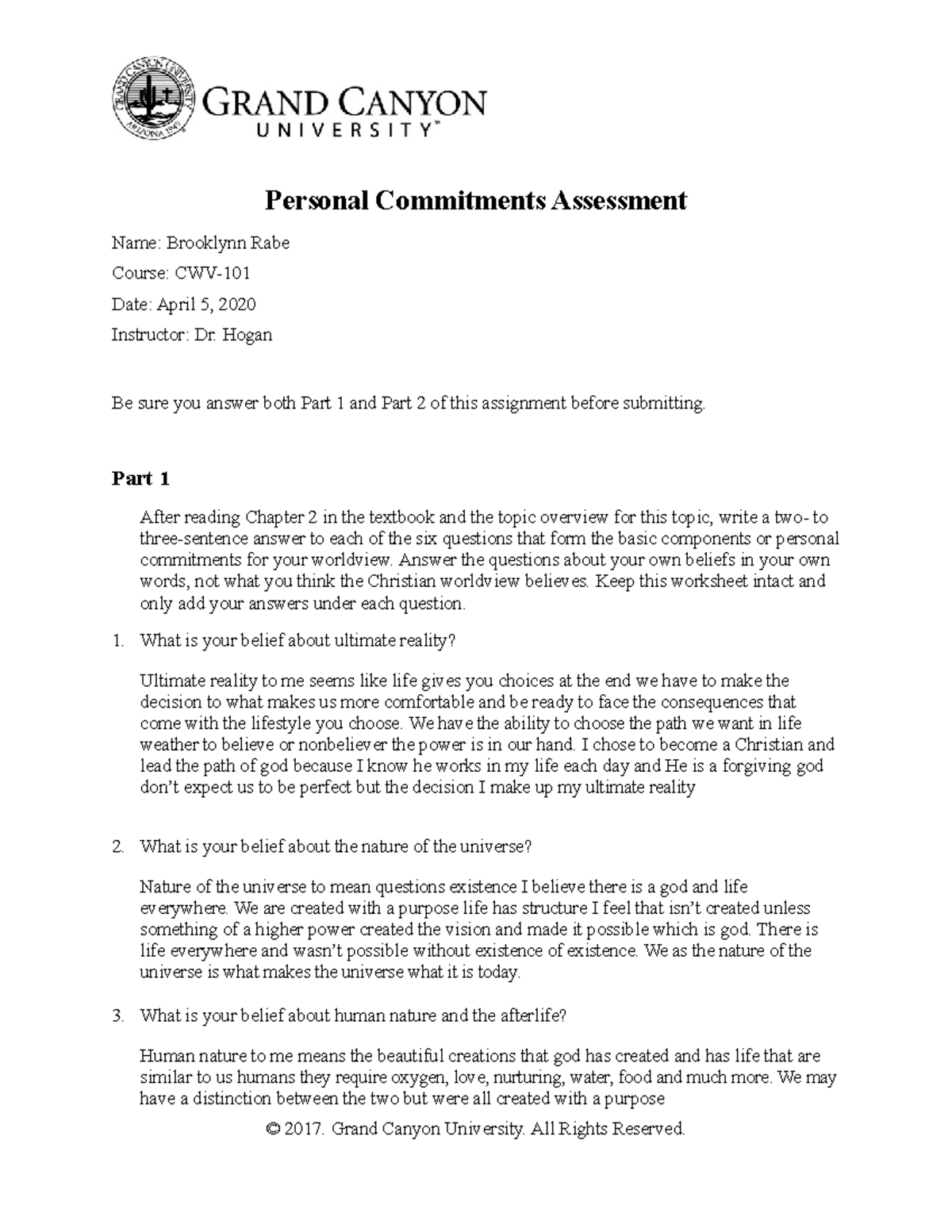 Brooklynn Personal Commitments Assessment - Personal Commitments ...