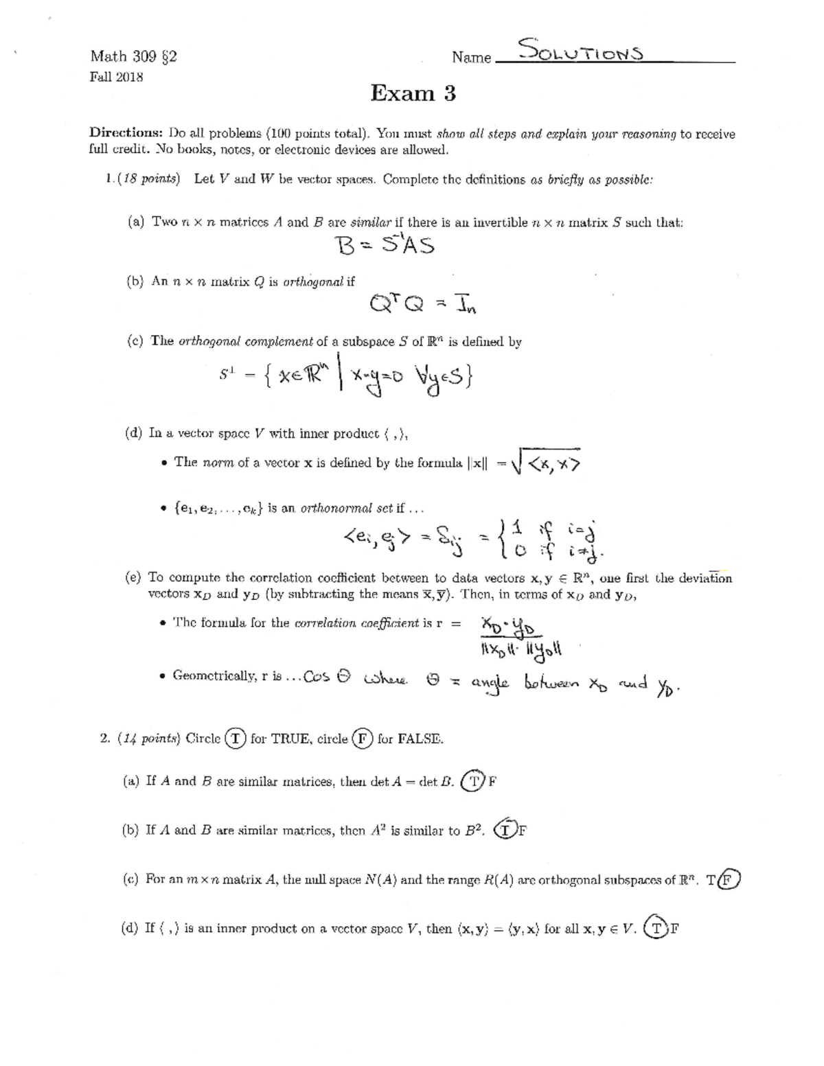 Exam3 Solutions - Math 309 Name SOLUTIONS Fall 2018 Exam 3 Directions ...