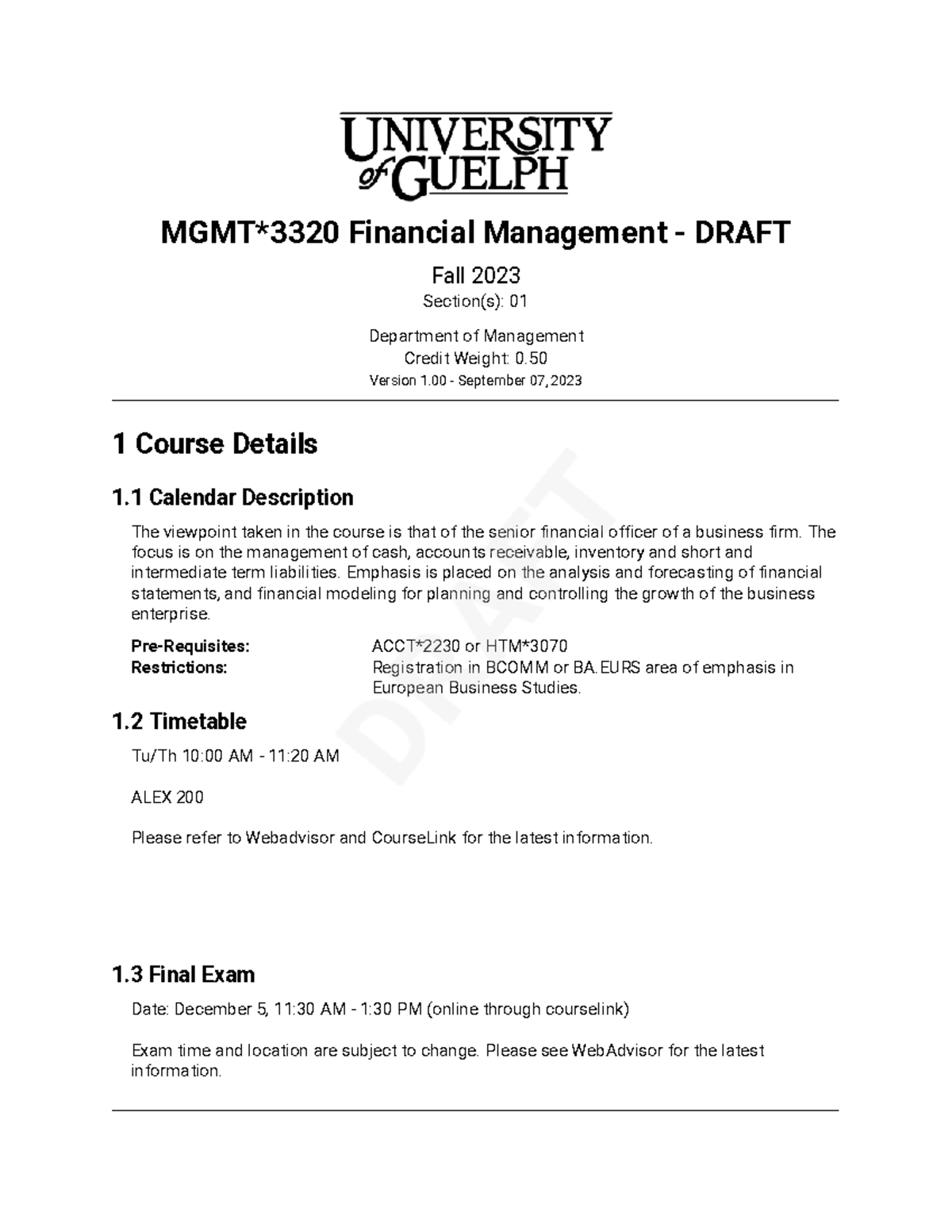 F23 MGMT3320 Course outline Draft - MGMT*3320 Financial Management ...