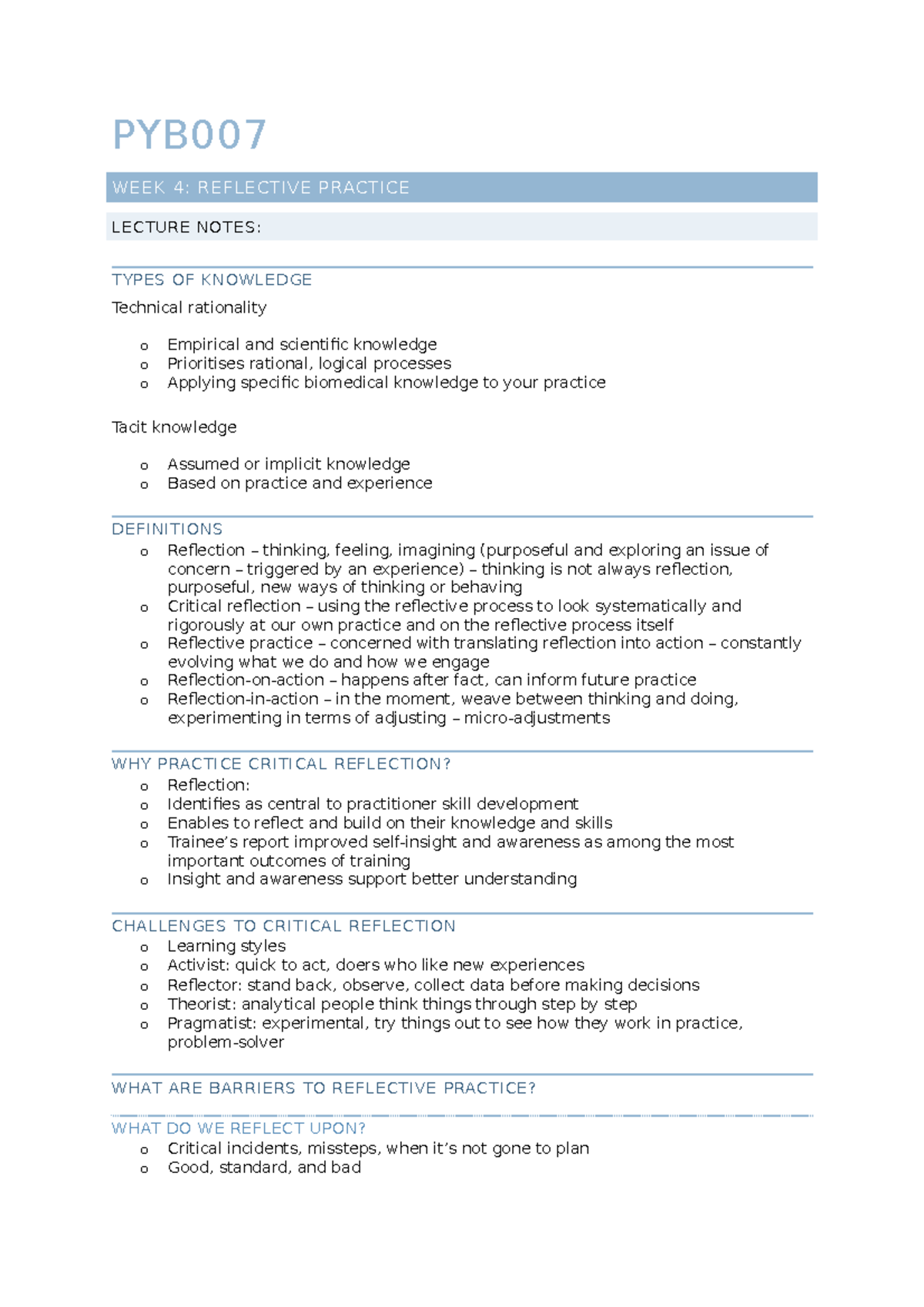 Lecture Notes Week 4 For Psychology Subject Pyb Week 4 Reflective Practice Lecture Notes