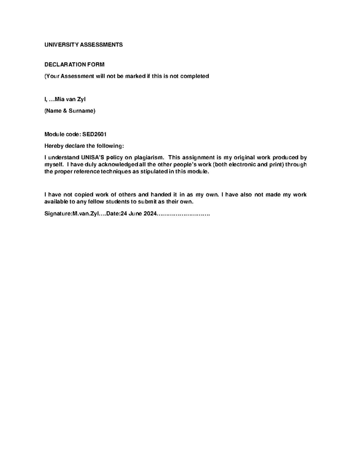 SED Assignment 2 og - DECLARATION FORM (Your Assessment will not be ...