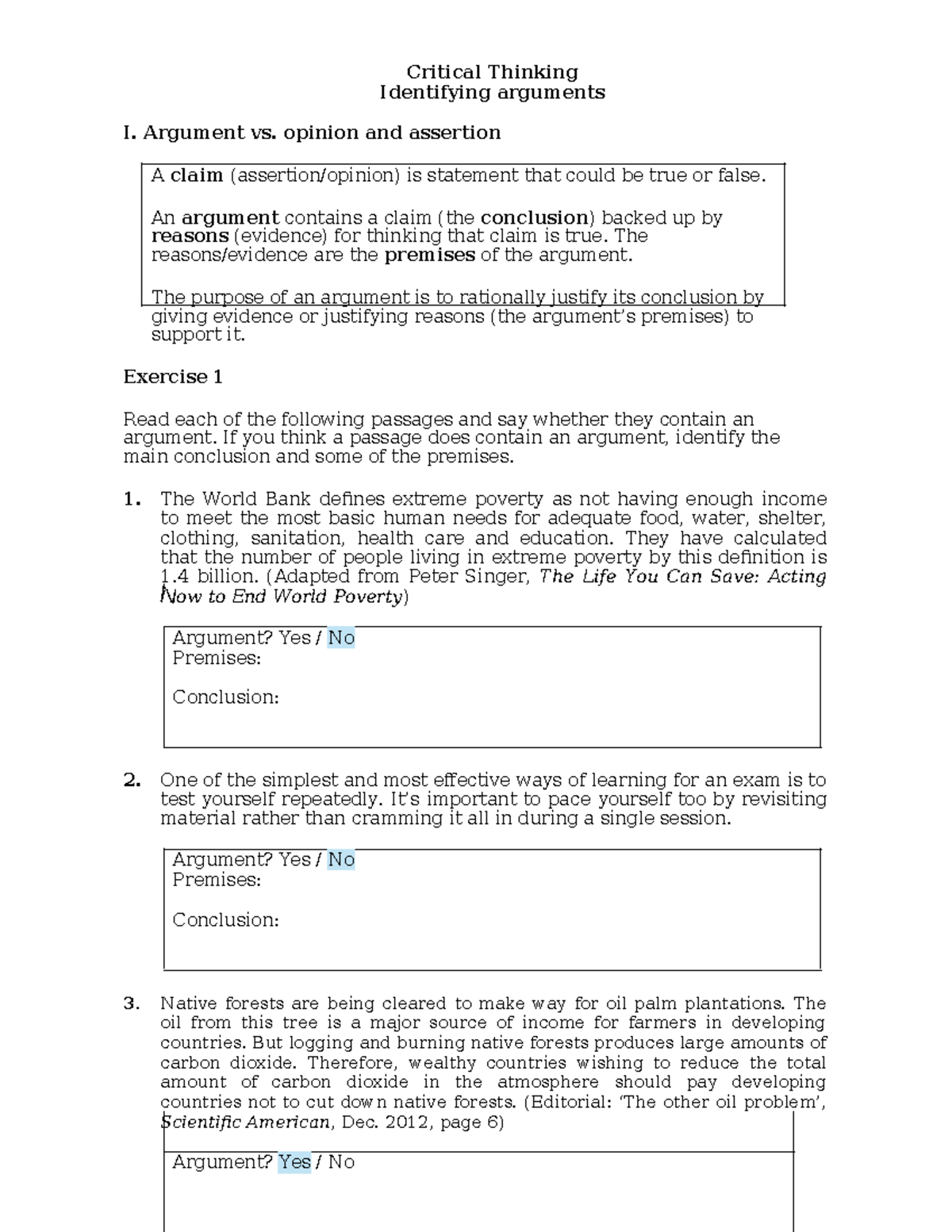 Worksheet 1 Identifying arguments (2023) - Critical Thinking Identifying arguments I. Argument ...