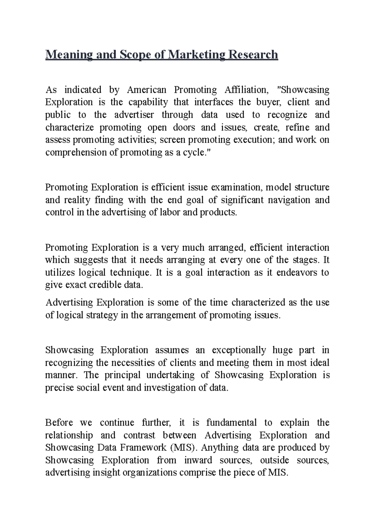 Meaning and Scope of Marketing Research - " Promoting Exploration is efficient issue - Studocu