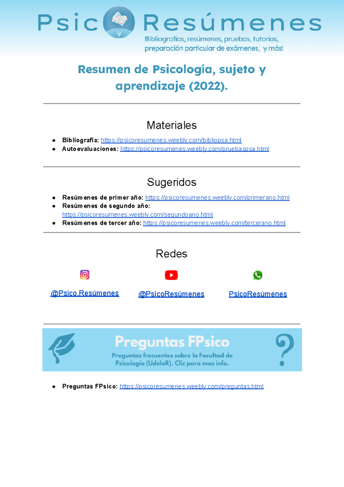 Resumen de Psicología, sujeto y aprendizaje (2022) - Materiales Bibliografía: - Studocu
