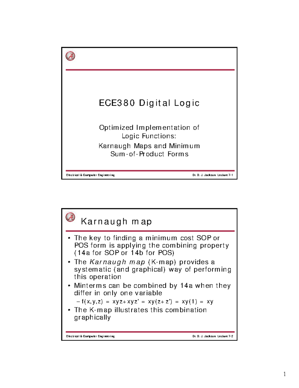 Lec 7 - Optimized Implementation of Logic Functions: Karnaugh Maps and ...