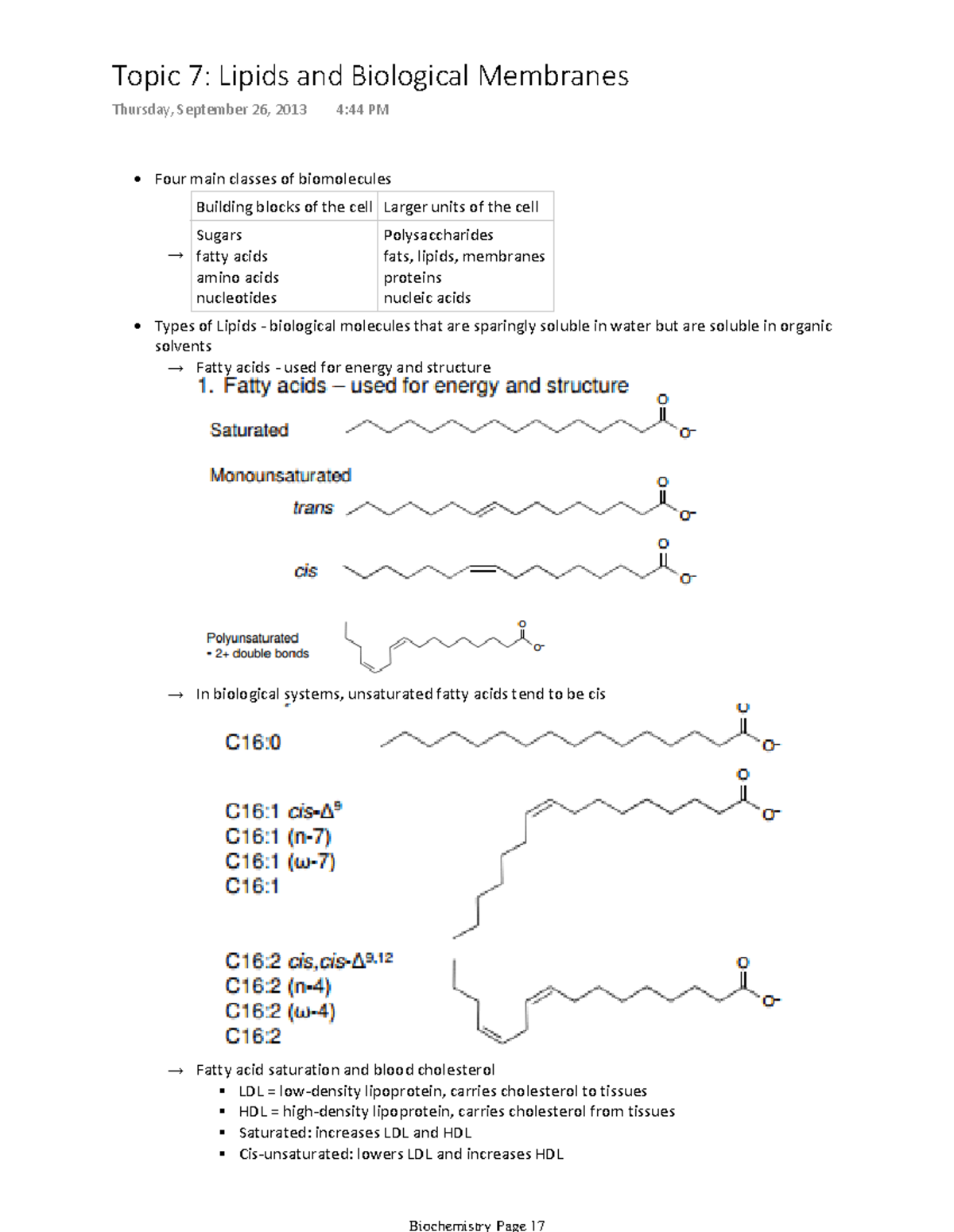 Biochem 2280 - Topic 7 Notes - Building blocks of the cell Larger units ...