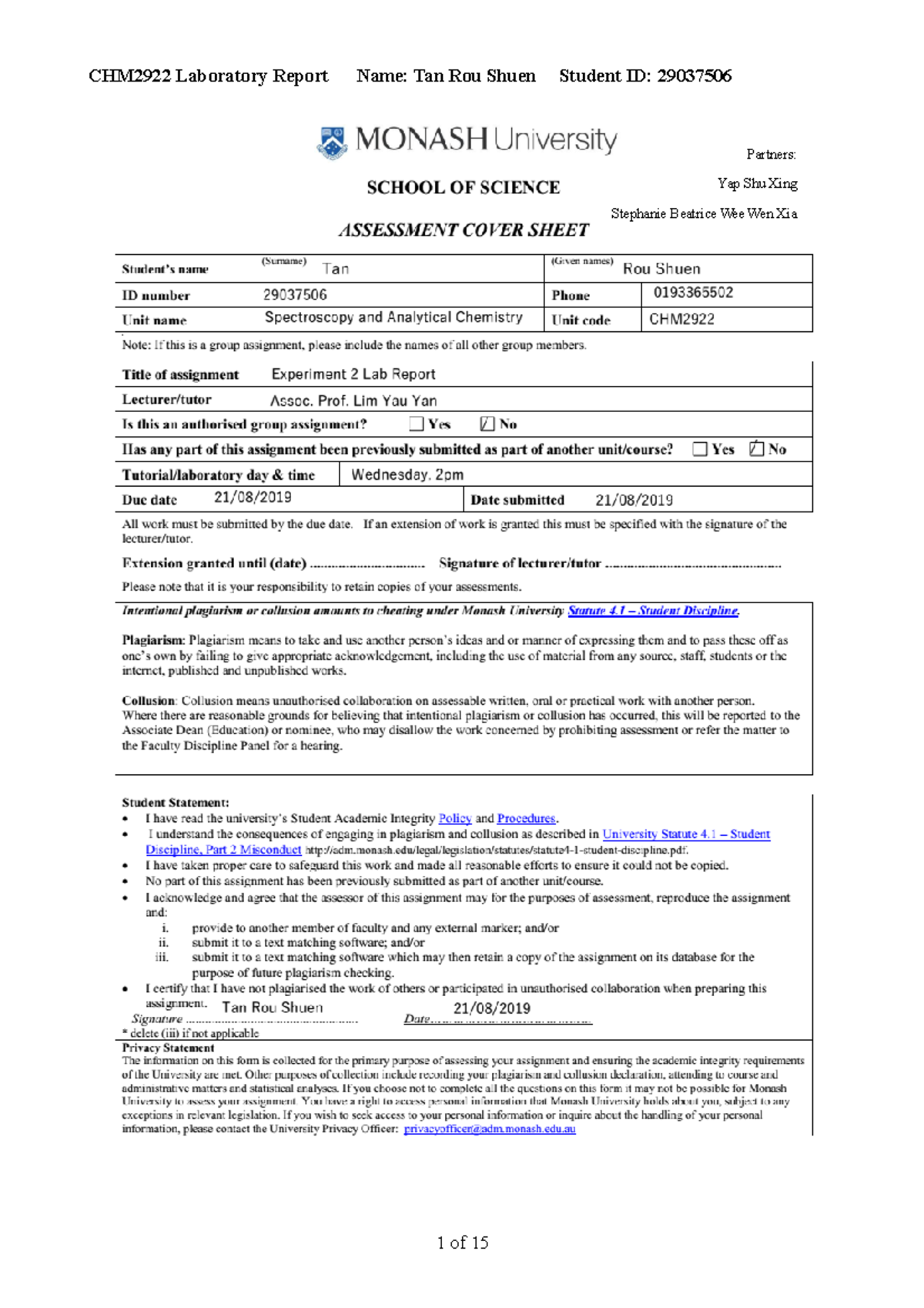 Experiment 2 Report CHM2922 - CHM2922 Laboratory Report Name: Tan Rou Shuen Student ID: 29037506 ...