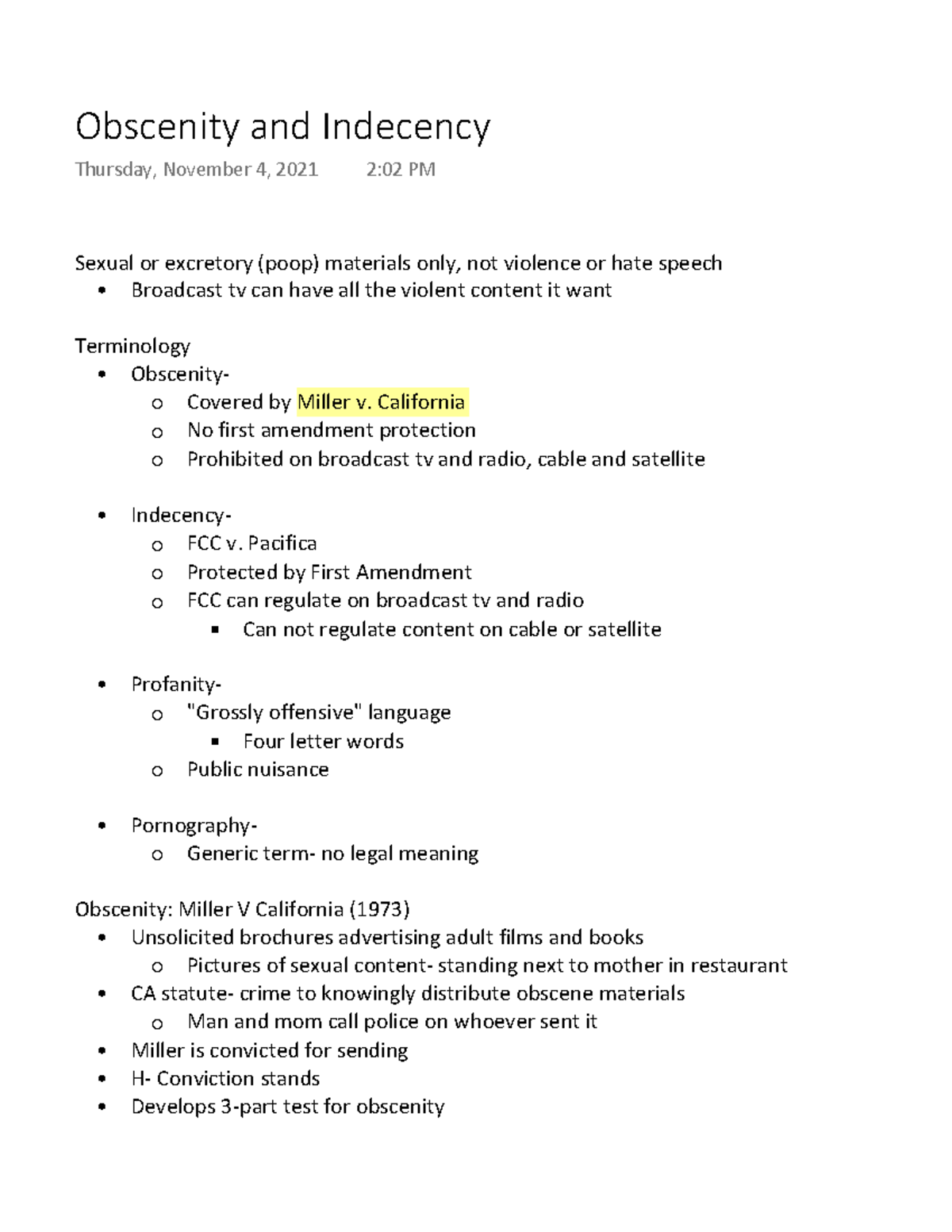 Comm Law Obscenity and Indecency - Sexual or excretory (poop) materials ...