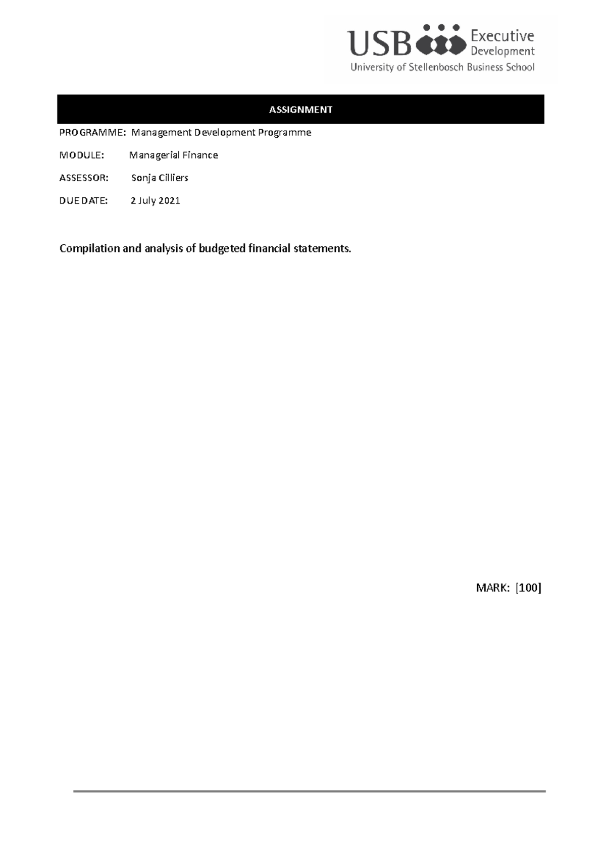 Assignment Managerial Finance 2021 - PROGRAMME: Management Development Programme MODULE ...