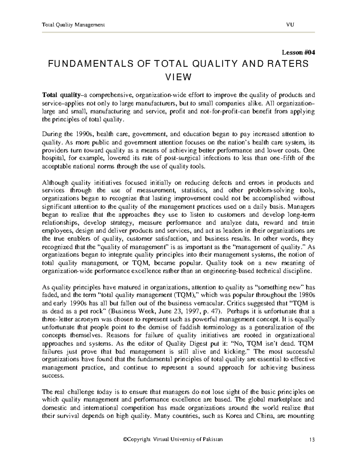 Lecture 04 - Total Quality Management (MGT510) - Lesson # FUNDAMENTALS ...