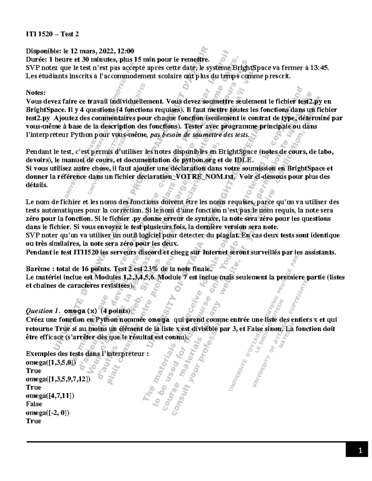 ITI1520 Test 2 2021-2022 - ITI 1520 – Test 2 Disponible: le 12 mars ...