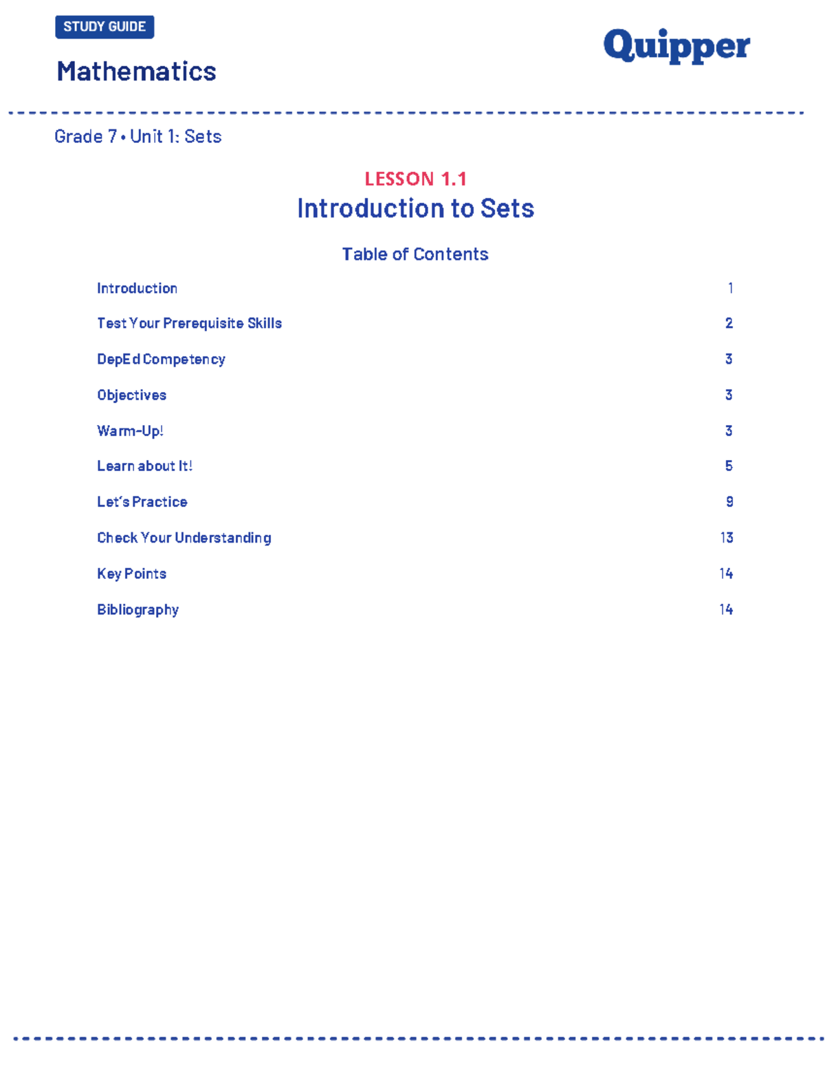 ME Math 7 Q1 0101 SG - Grade 7 • Unit 1: Sets Introduction to Sets LESSON 1. Introduction Table ...