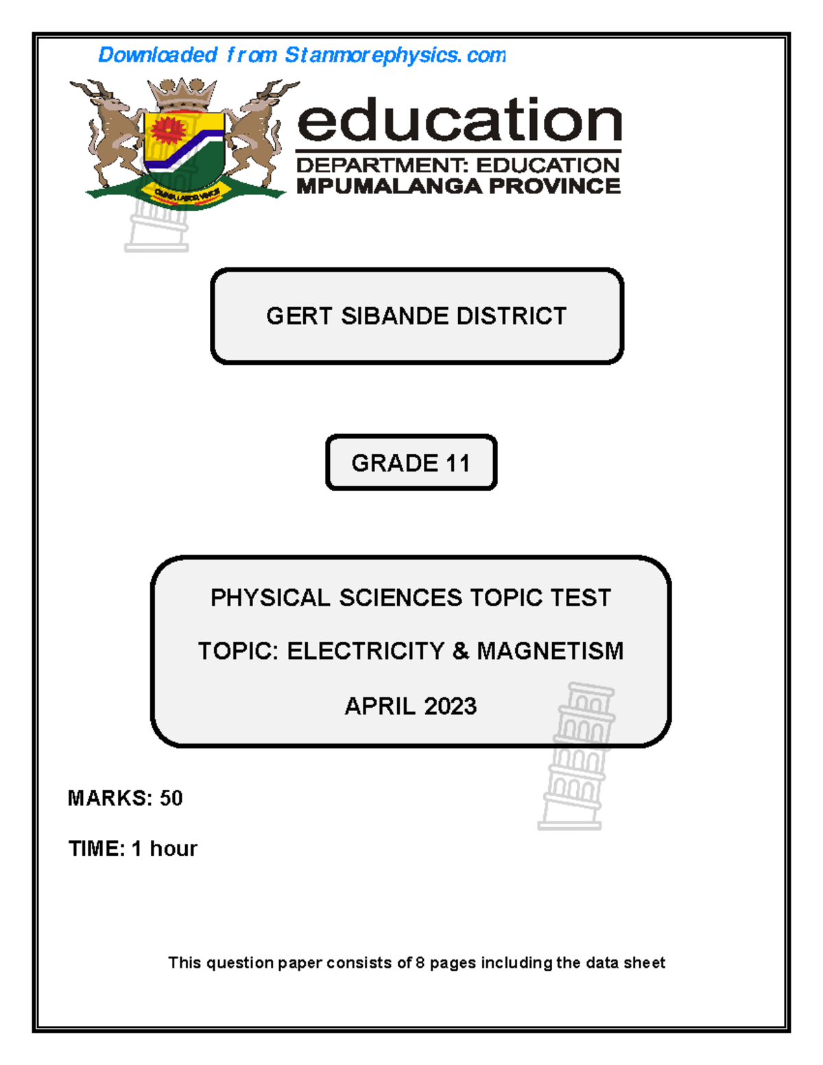 Physical sciences Grade 11 TEST 2023 Electricity and Magnetism and Memo ...