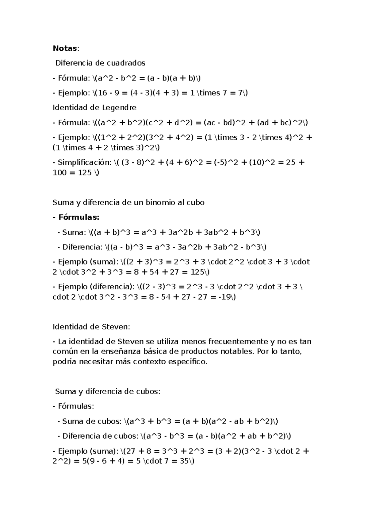S09-productos-notables - Notas: Diferencia de cuadrados Fórmula: (a^2 ...